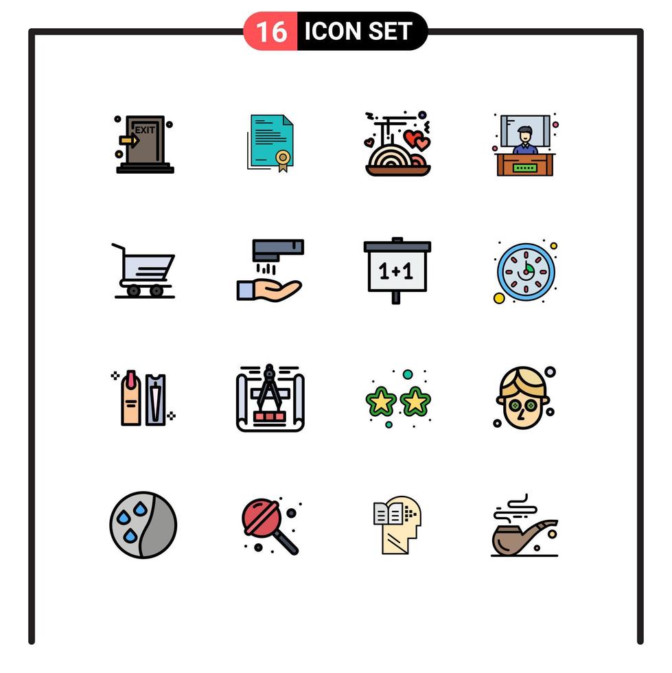 16 Universal Flat Color Filled Line Signs Symbols Of Seminar Conference Legal Document Food Love