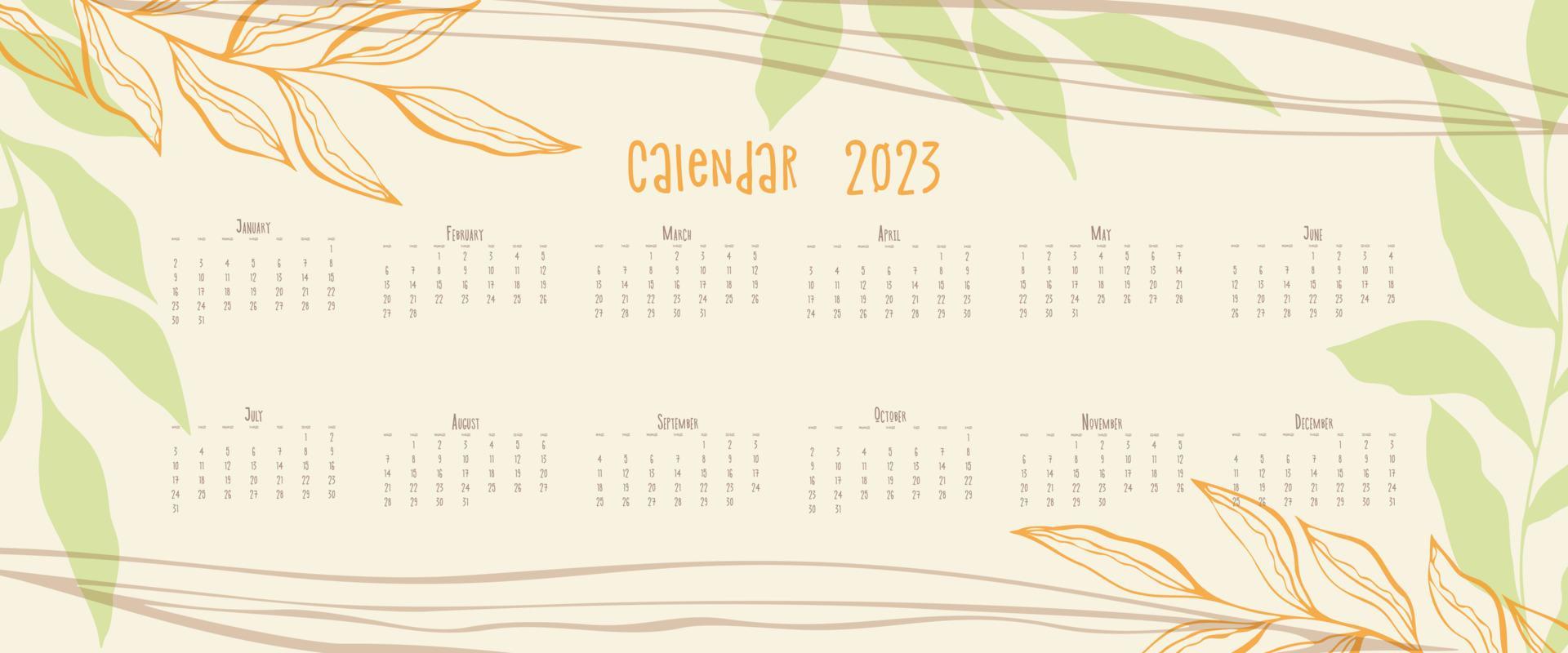 Calendar 2023 horizontal poster in boho style with botanical elements ...