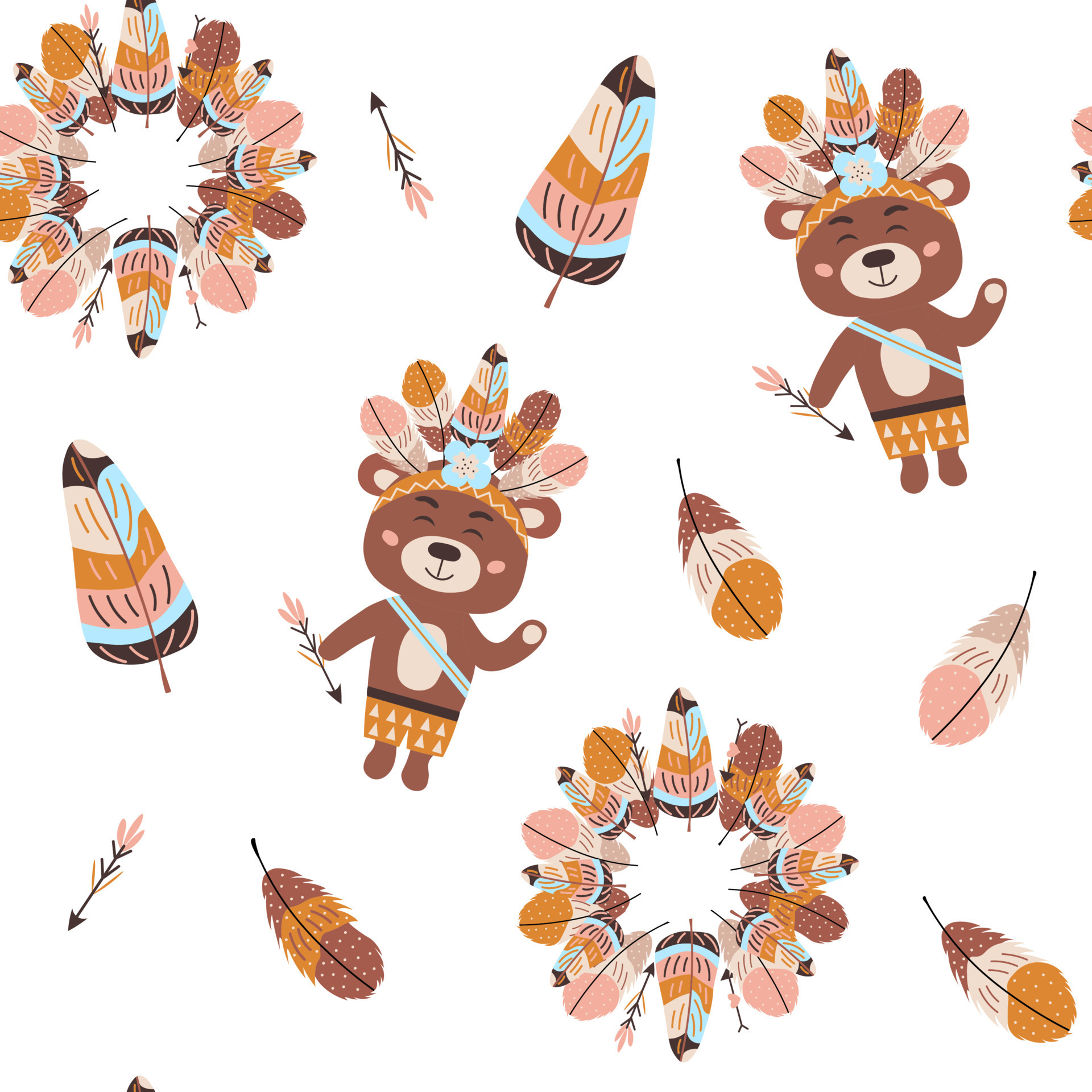 Boho Seamless Pattern With Bear And Feathers 15563170 Vector Art At