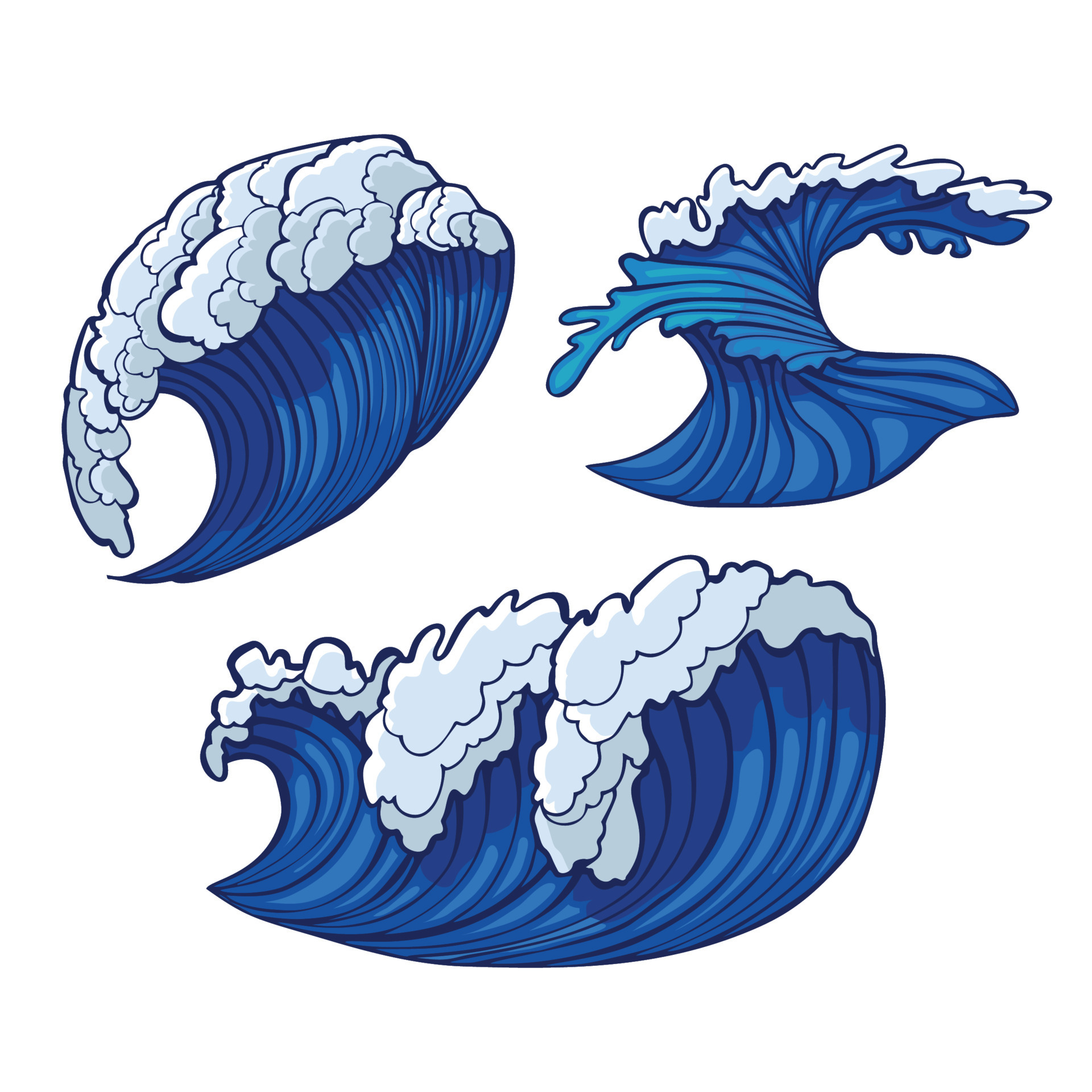 Color Sea Waves. Graphic Hand Drawn Ocean Waves Set for T-Shirt Cards ...