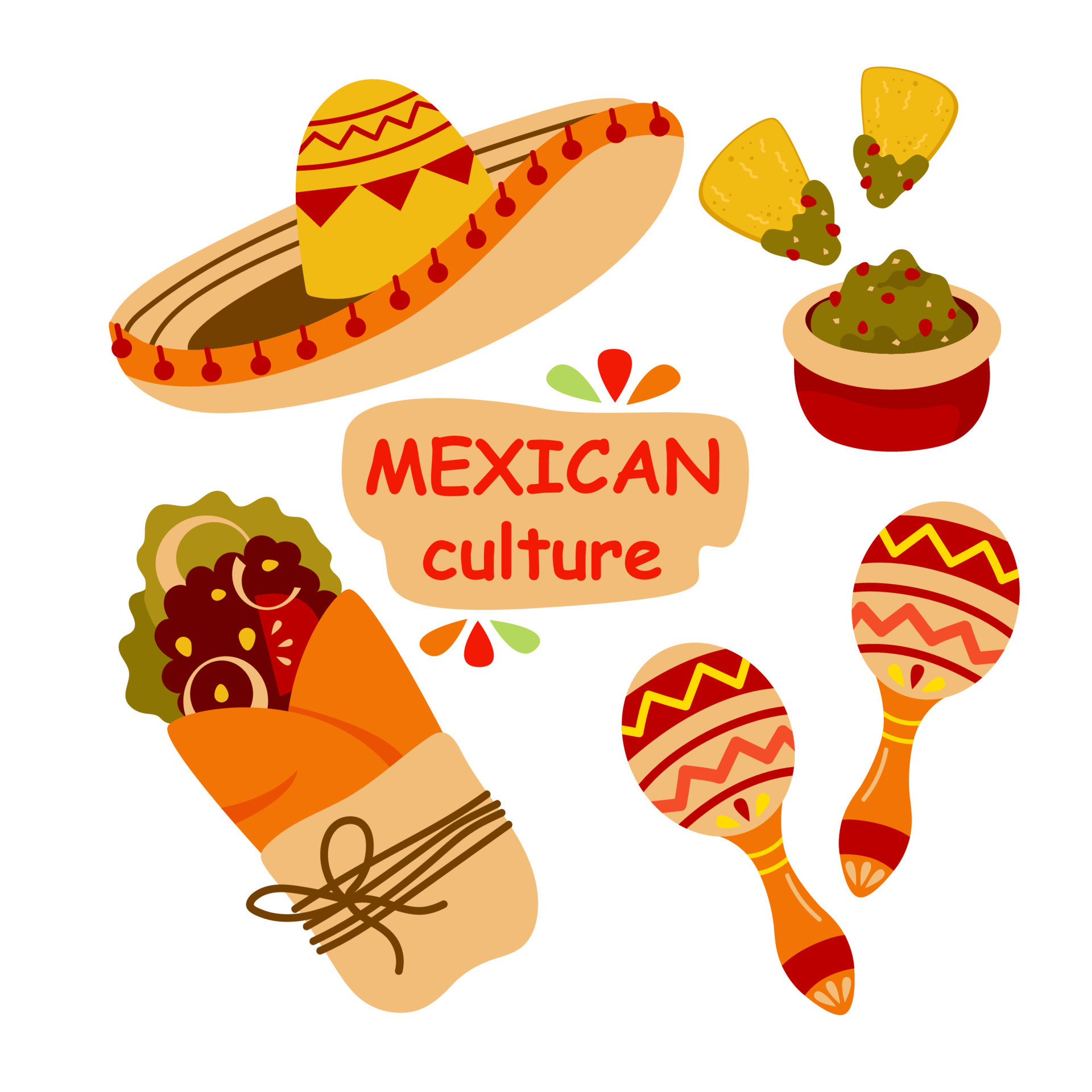 Mexican culture elements, sombrero, maracas, burrito, guacamole ...