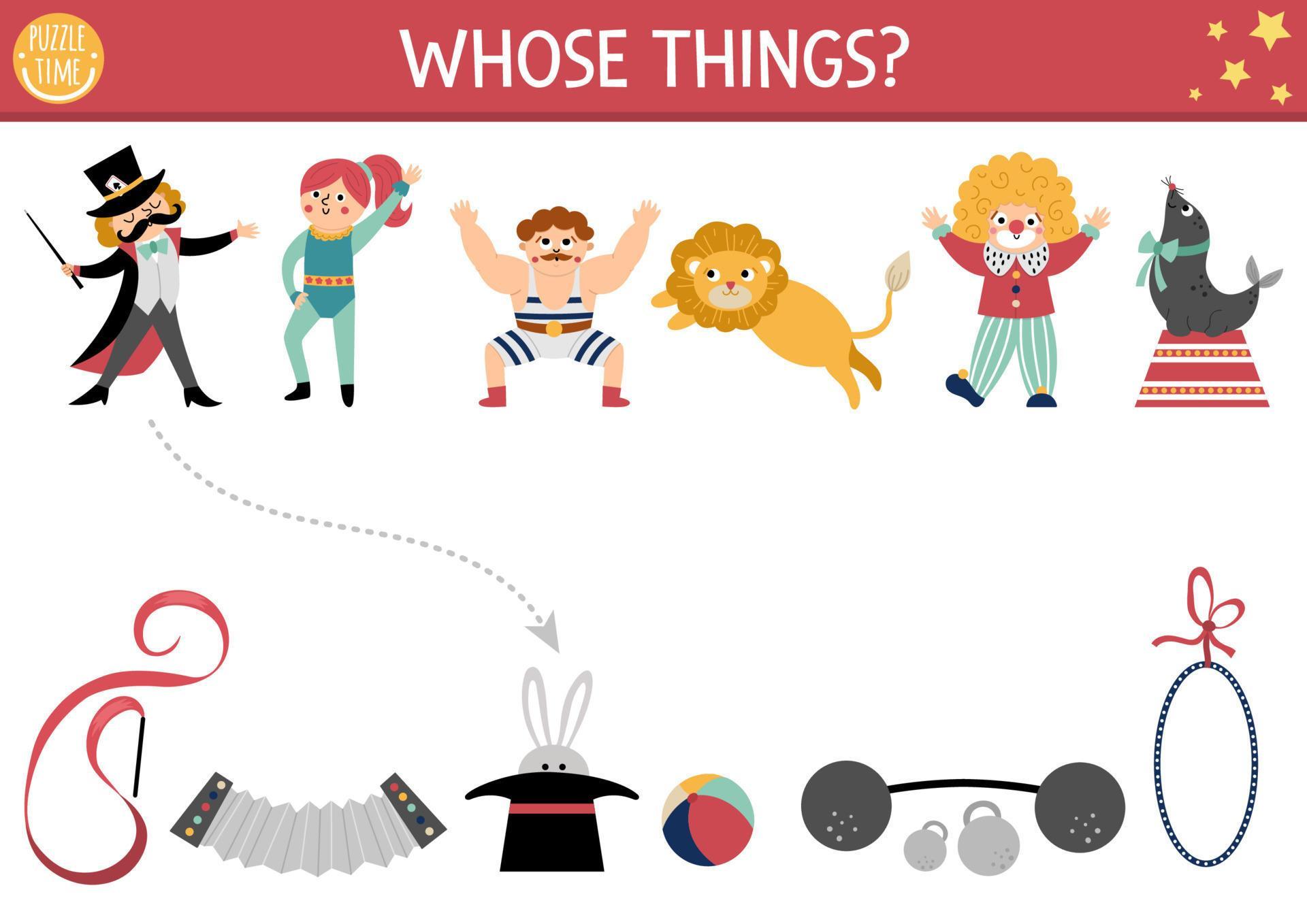Circus matching activity with cute characters. Amusement show puzzle ...