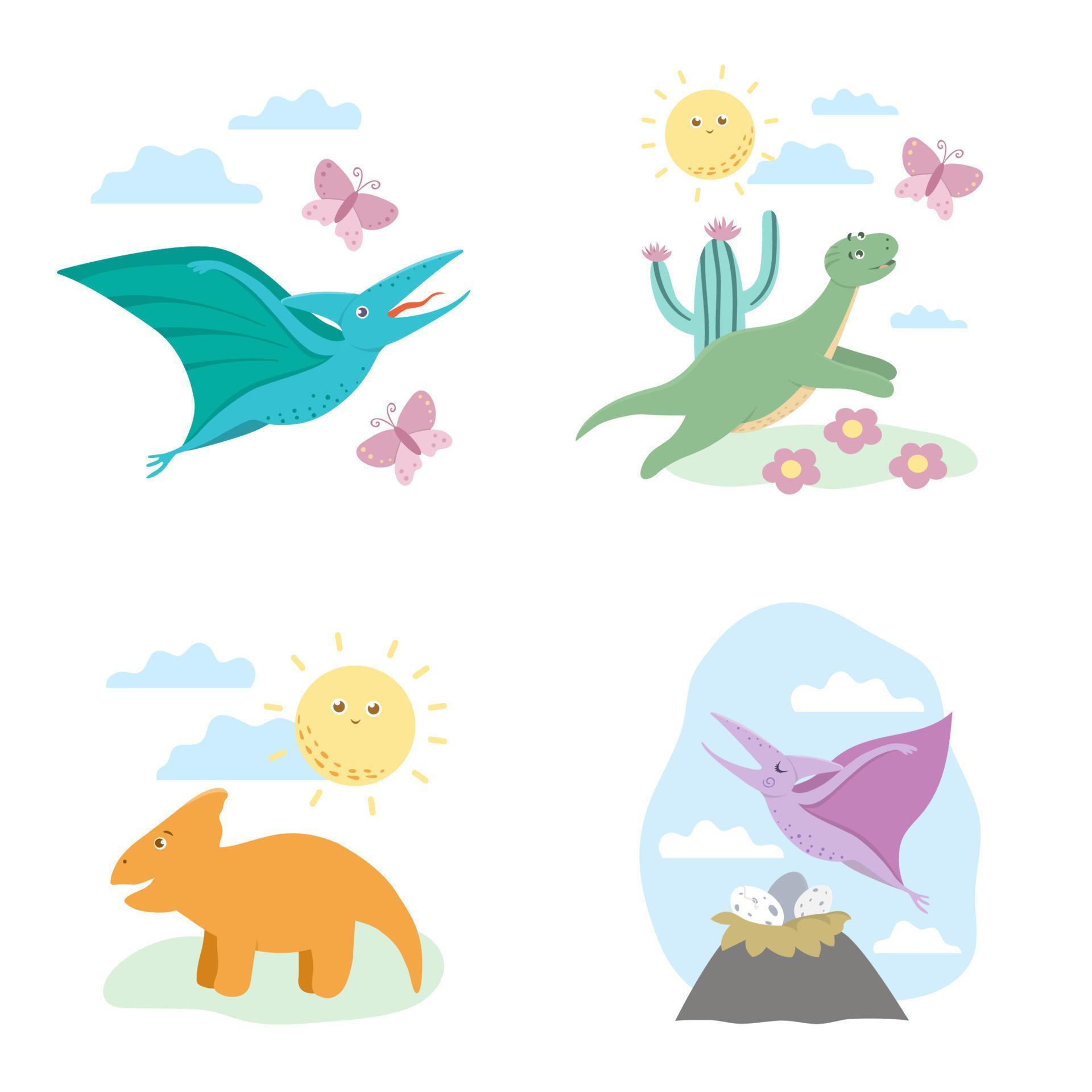 Summer scenes with cute dinosaurs. Illustration with dinos playing ...