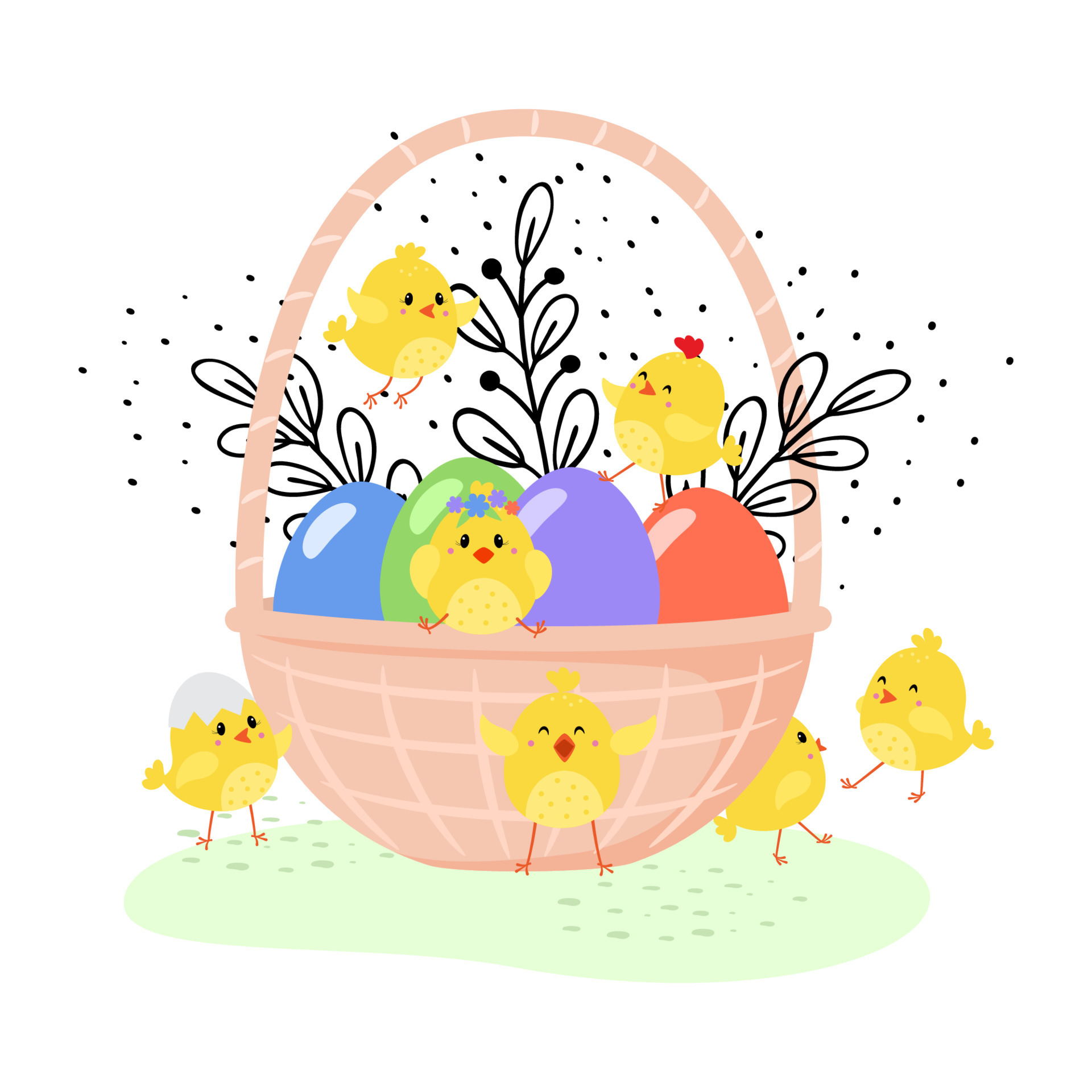 Easter Basket With Eggs And Chickens Happy Easter Concept Template