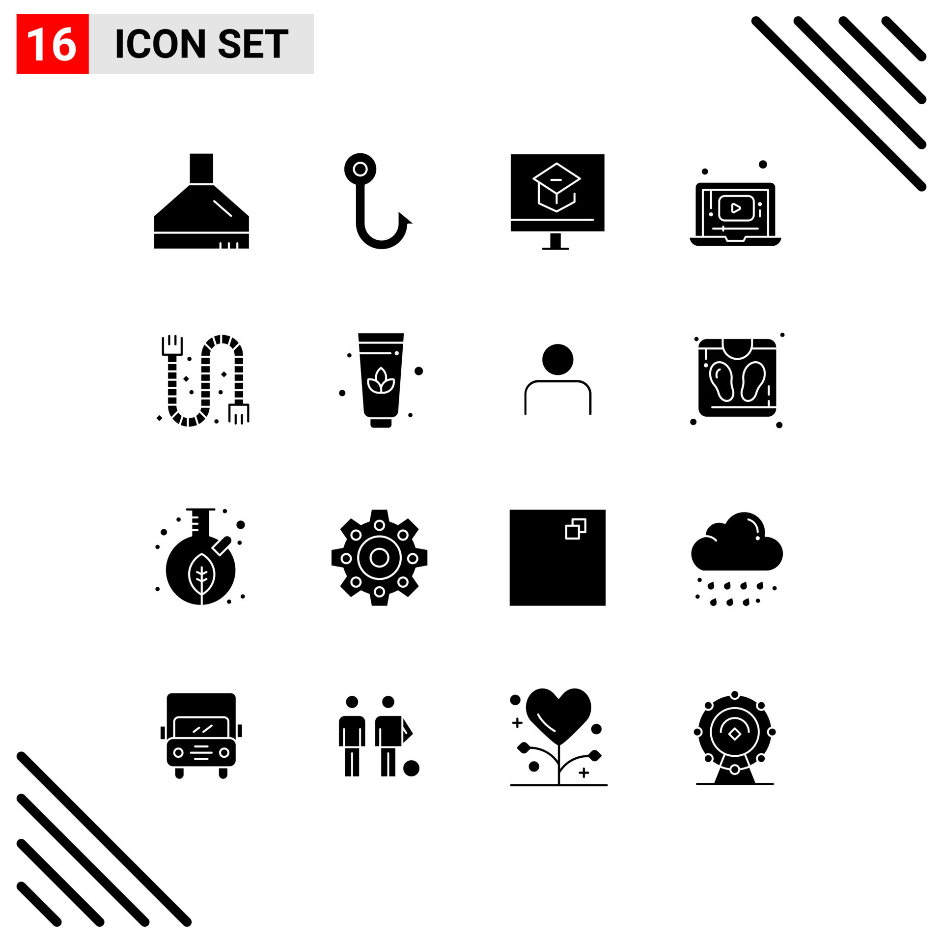Set of 16 Modern UI Icons Symbols Signs for industrial construction learning music video ...