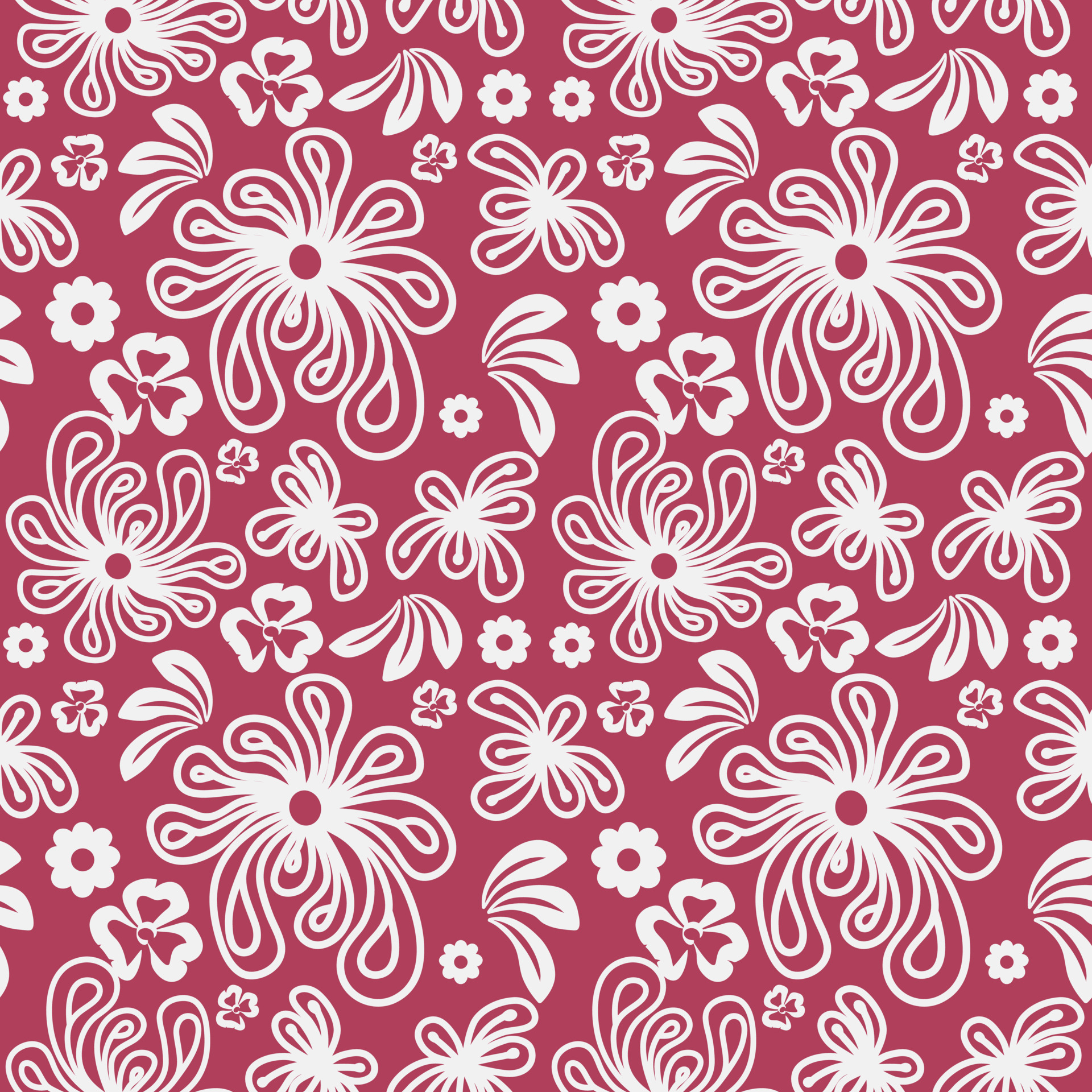Seamless Monochrome Floral Vector Pattern Isolated On Red Background