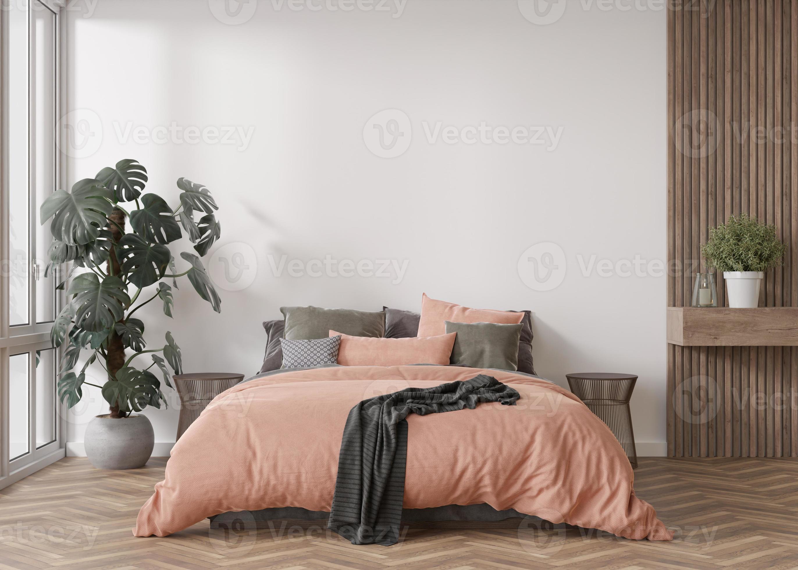 Empty white wall in modern and cozy bedroom. Mock up interior in ...