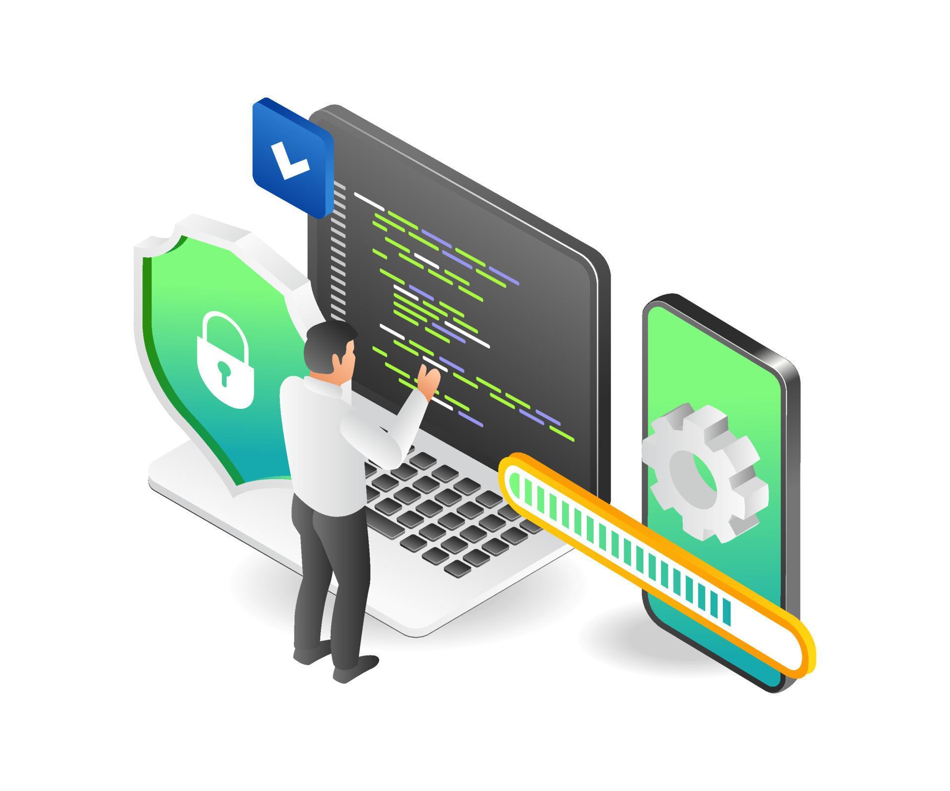 Flat isometric concept illustration of a programmer building a ...