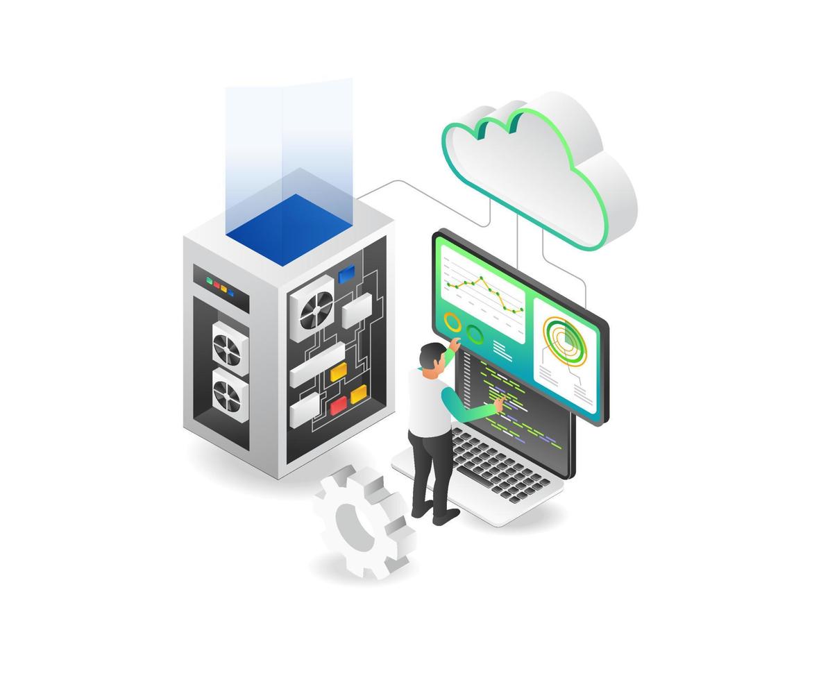 Flat isometric illustration concept technician programmer cloud server ... Flat isometric illustration concept technician programmer cloud server ...