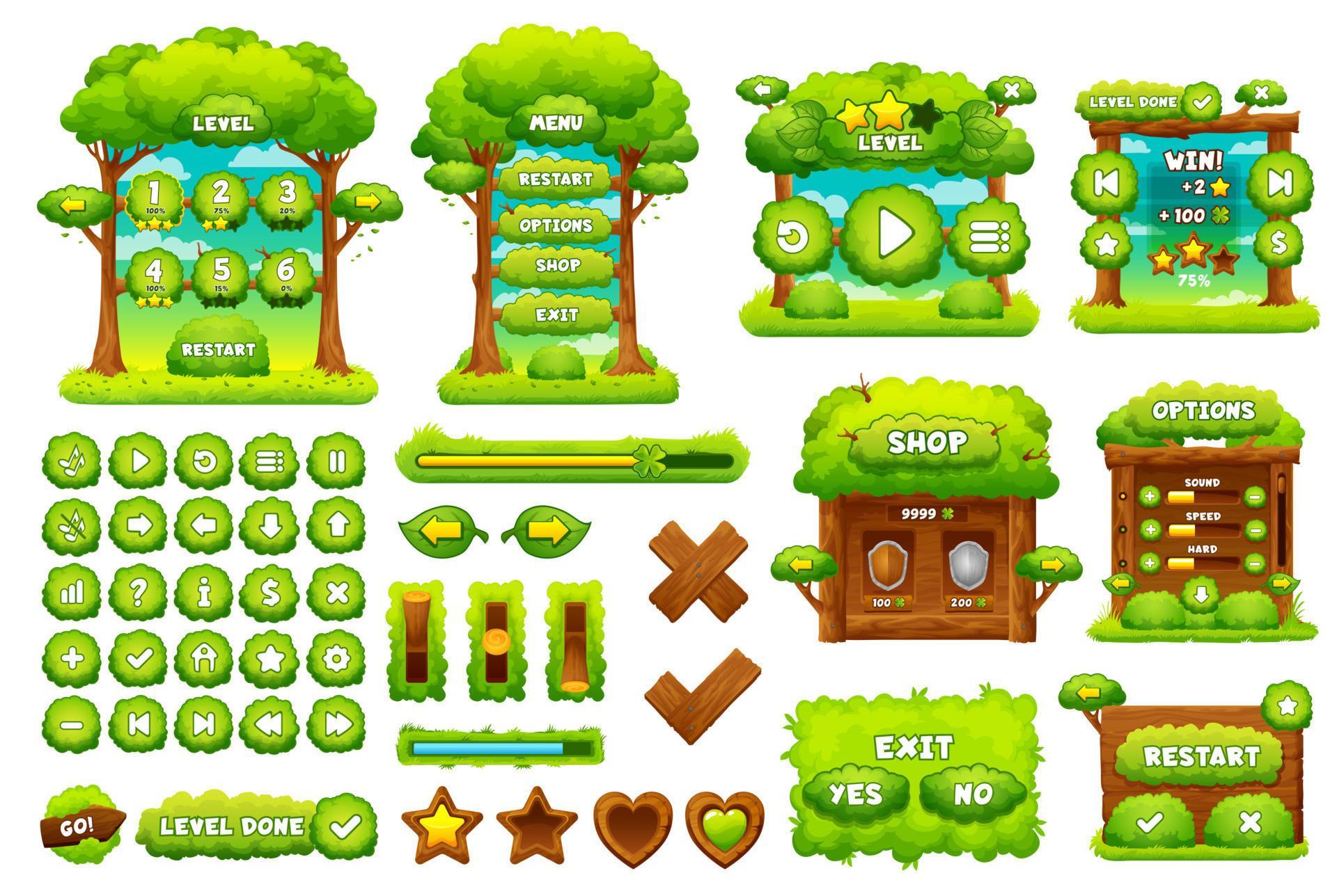 Green forest game interface, Ui game buttons set 15600060 Vector Art at Vecteezy