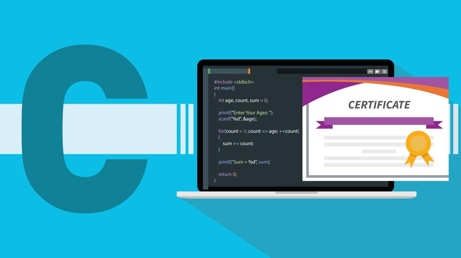 C Sharp Programming Language Certificate With Laptop And Code Script On Screen Vector