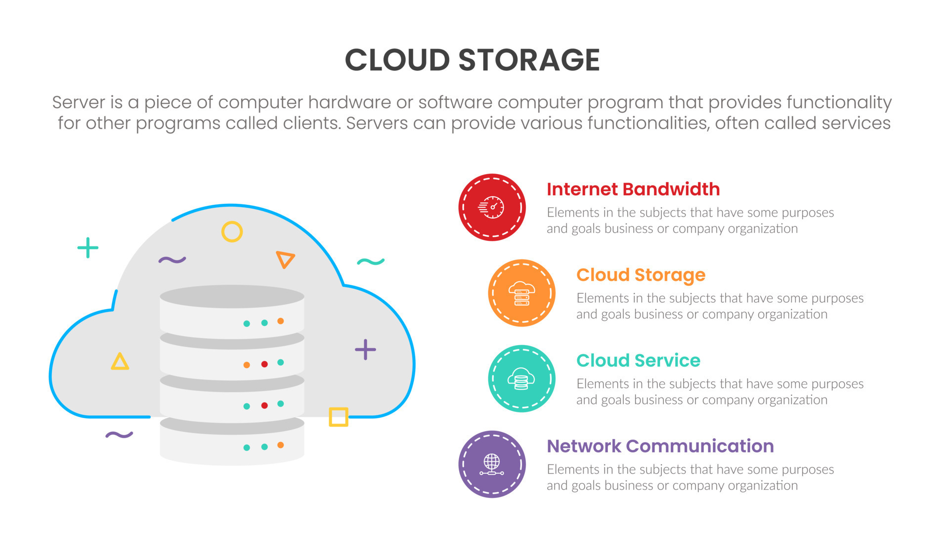server cloud storage database infographic concept for slide presentation with 4 point list ...