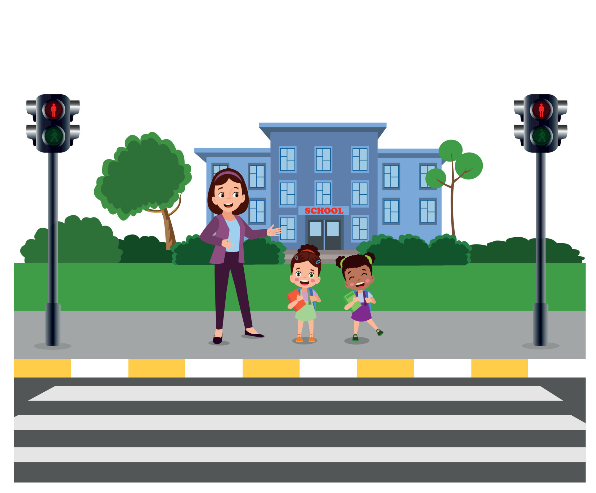 Cute school kids with backpacks waiting for stop sign at pedestrian ... Cute school kids with backpacks waiting for stop sign at pedestrian ...