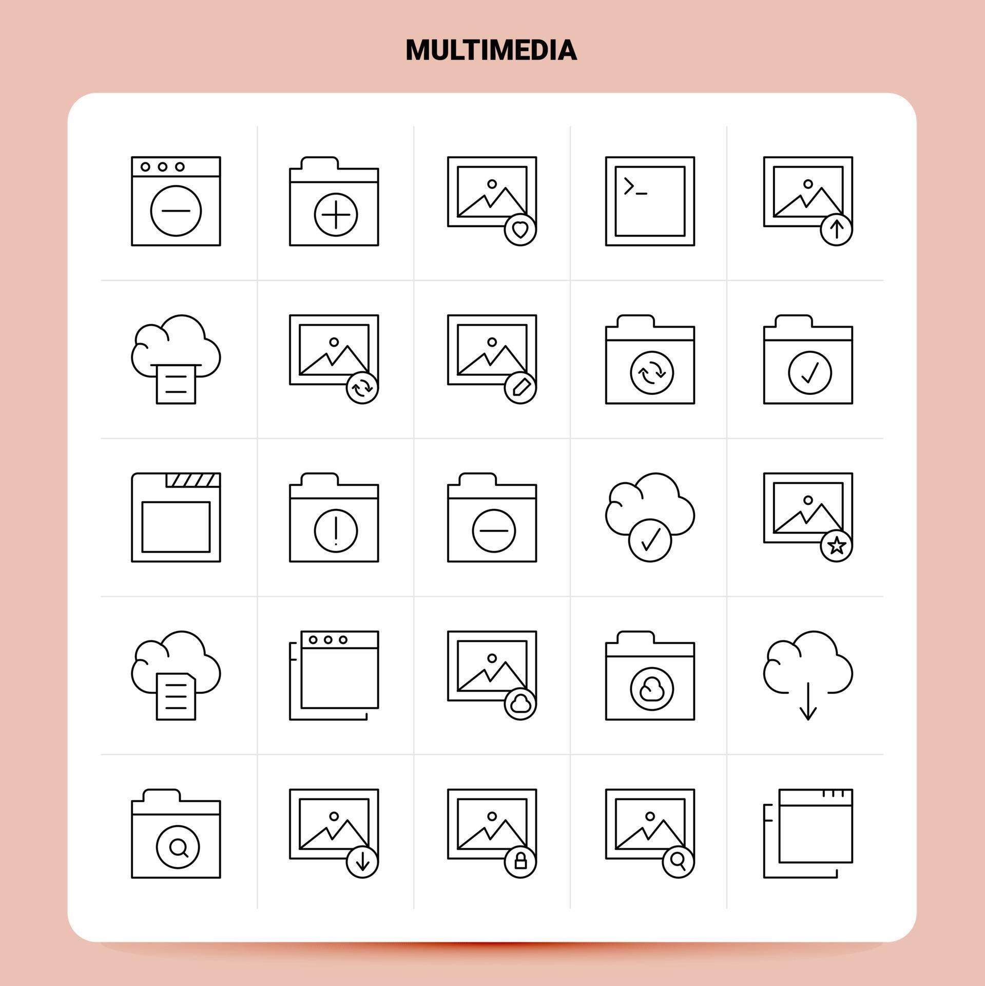 Outline 25 Multimedia Icon Set Vector Line Style Design Black Icons