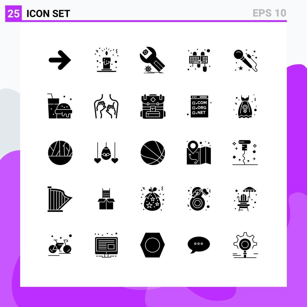 Set Of 25 Vector Solid Glyphs On Grid For Mic Mouse App Keyboard Input Editable Vector Design