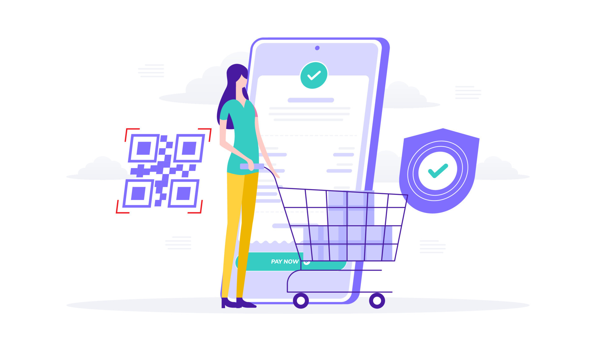 Bill payment success and secure via mobile qr code flat illustration ...