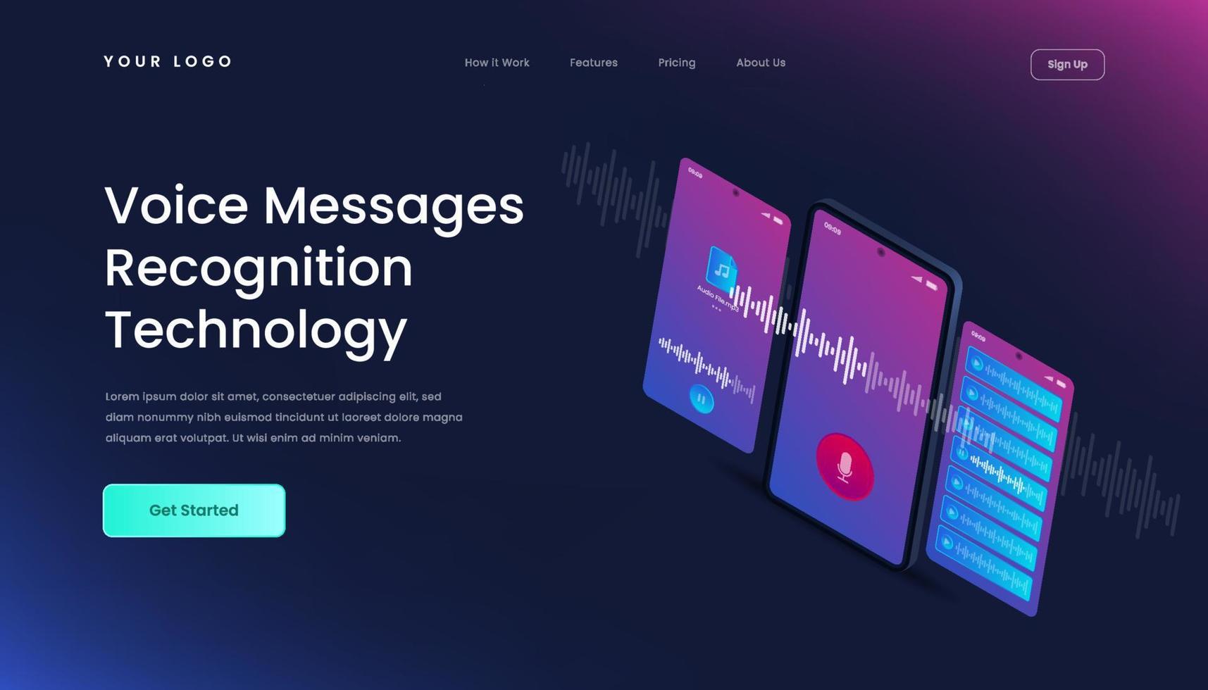 Template voice messages recognition landing page. Mobile application for recording sound ...