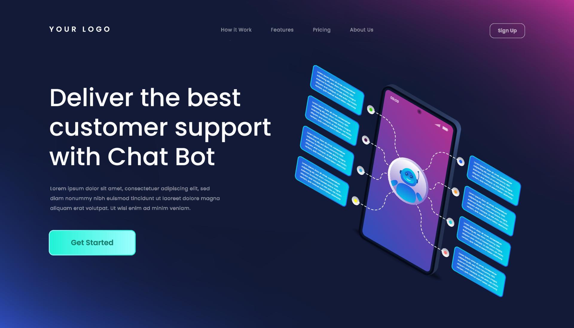 Chatbot technology website template landing page gradient 3d isometric ...