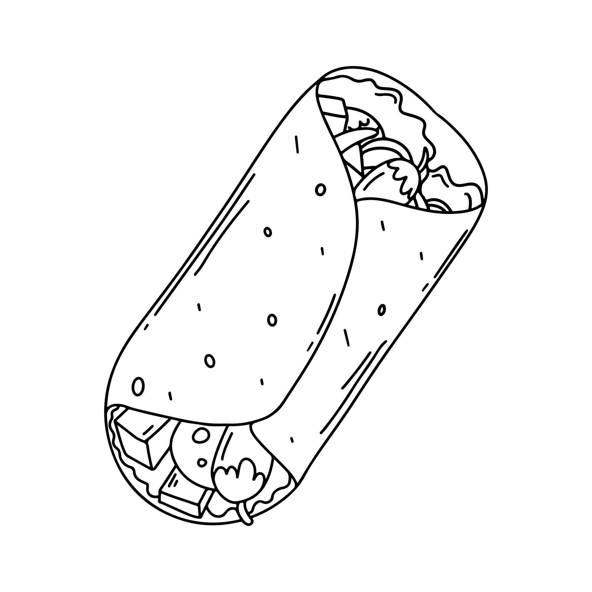 Burrito in hand drawn doodle style. Mexican traditional meal. Vector illustration for menu ...