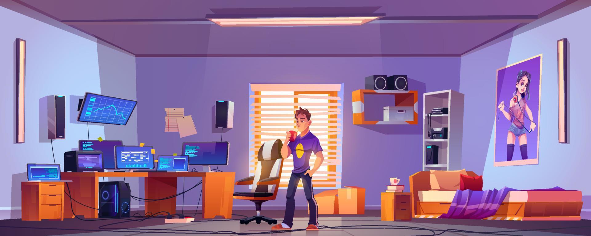 Programmer or hacker in bedroom with computer 15680933 Vector Art at ...