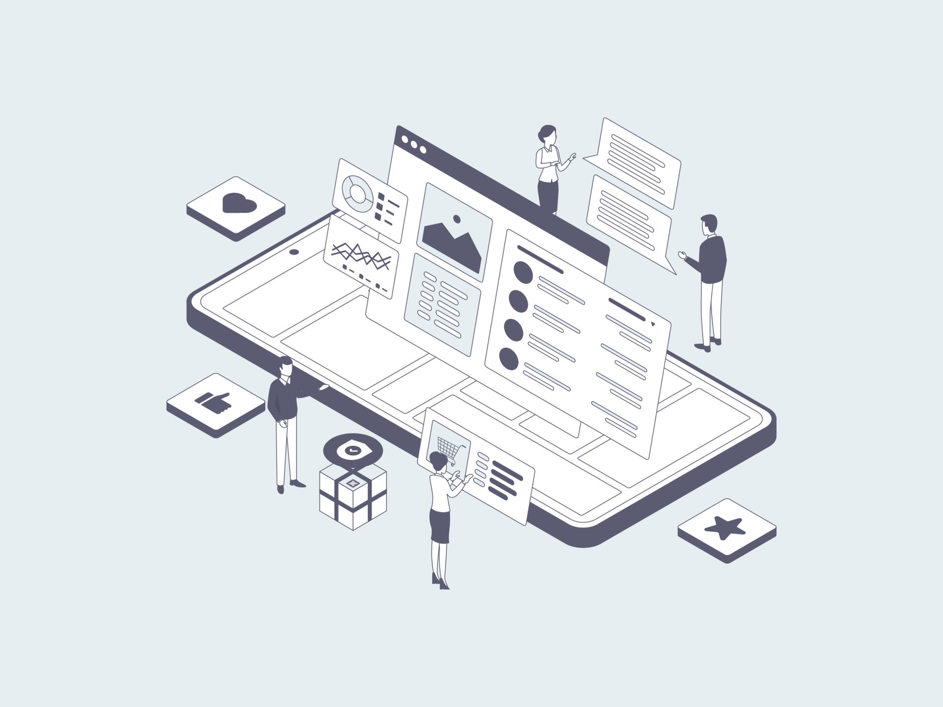 Detail Product On Mobile Isometric Illustration Lineal Grey Suitable For Mobile App Website