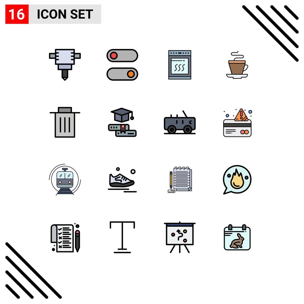 Mobile Interface Flat Color Filled Line Set Of 16 Pictograms Of Cap User Tea Trash Delete