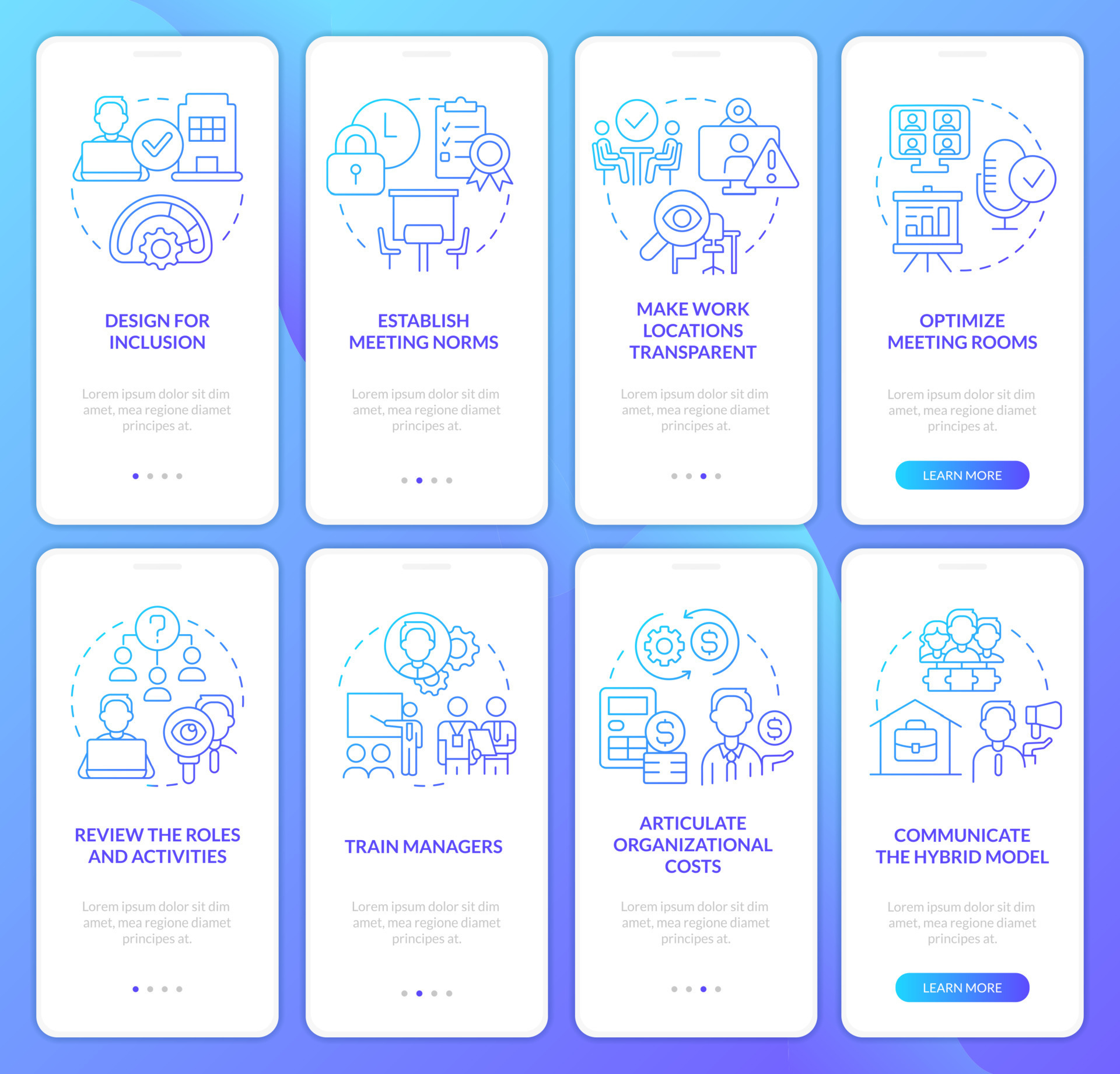 Hybrid Workplace Blue Gradient Onboarding Mobile App Screen Set Transformation Walkthrough 5