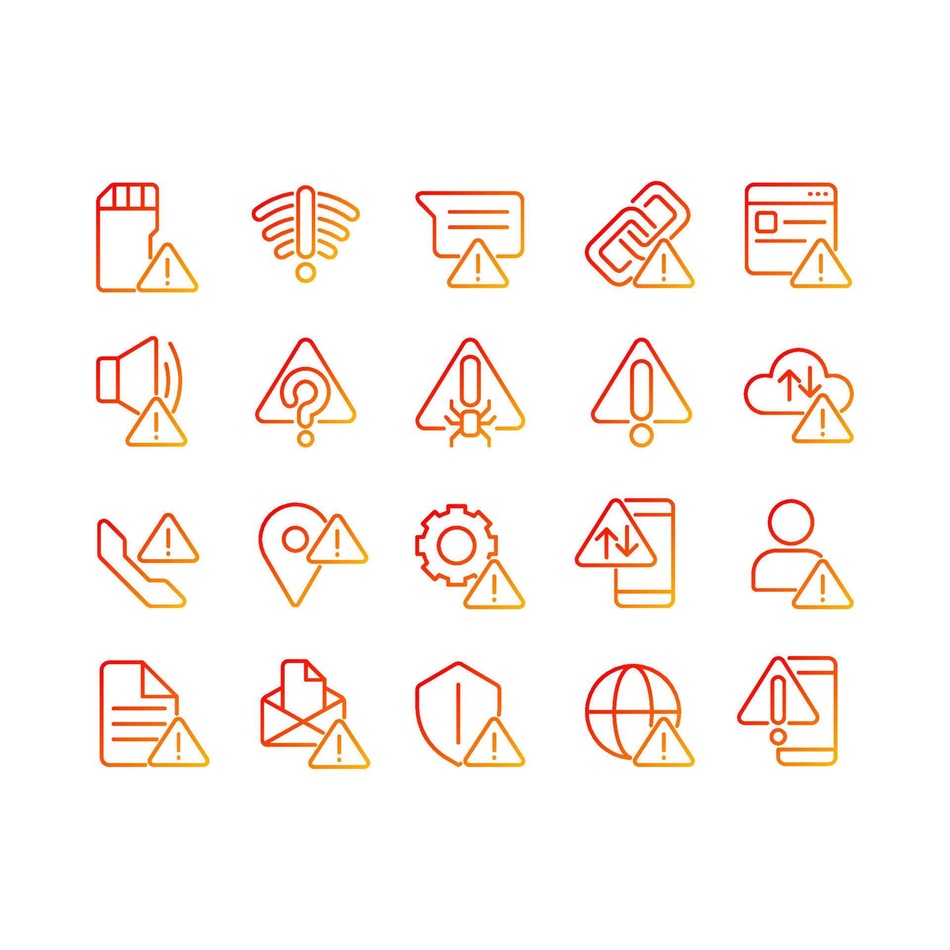 Warning signals pixel perfect gradient linear vector icons set. Problem and issue. Isolated ...