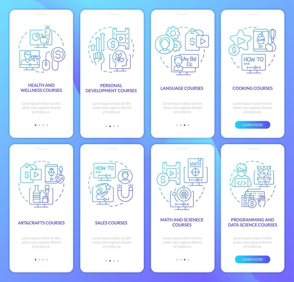 Online Education Fields Blue Gradient Onboarding Mobile App Screen Set Walkthrough 4 Steps