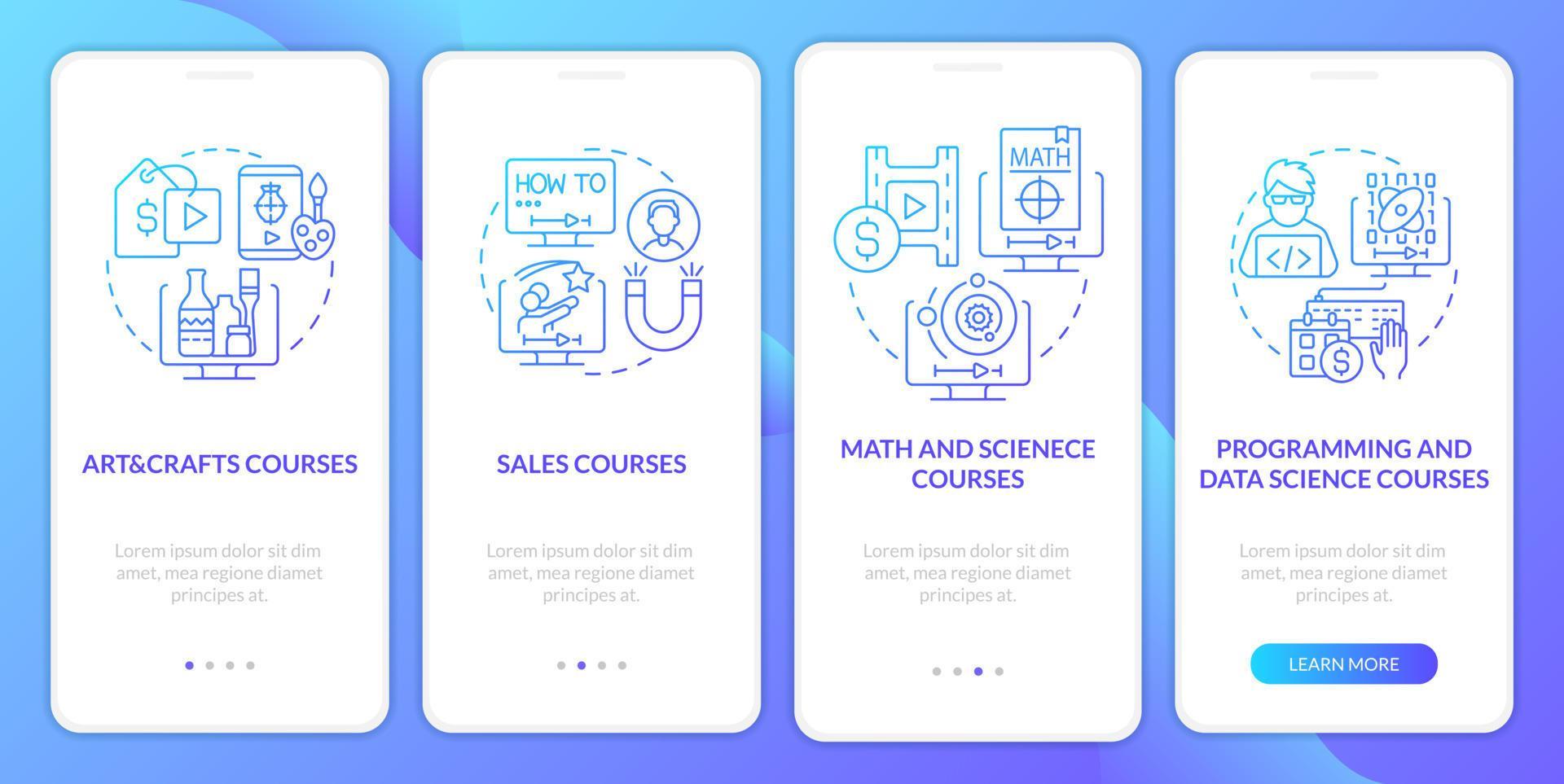 Online Courses Ideas Blue Gradient Onboarding Mobile App Screen Walkthrough 5 Steps Graphic