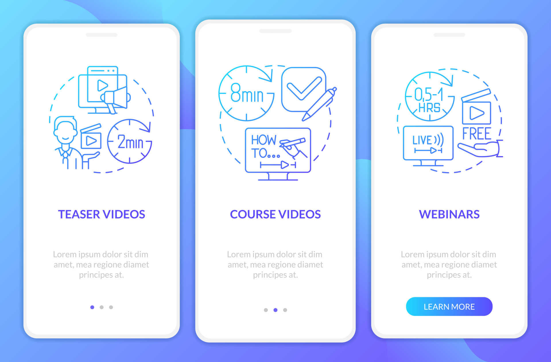 Online Tutorials Types Blue Gradient Onboarding Mobile App Screen Walkthrough 3 Steps Graphic