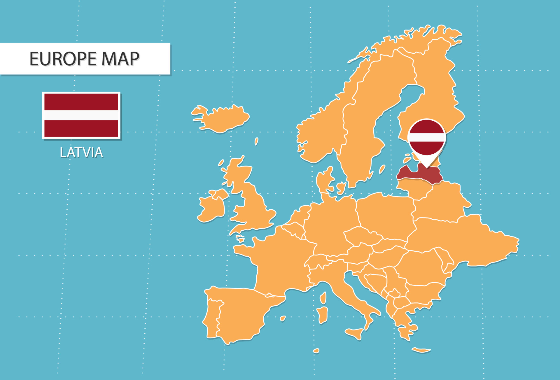 Latvia map in Europe, icons showing Latvia location and flags. 15705890 Vector Art at Vecteezy