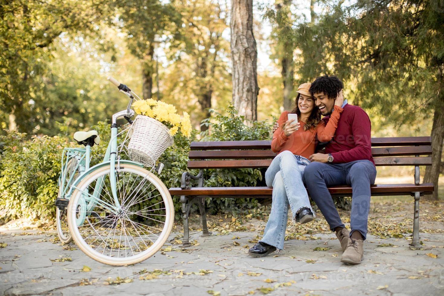 Multiratial Loving Couple Sitting On Bench In The Autumn Park 15706633