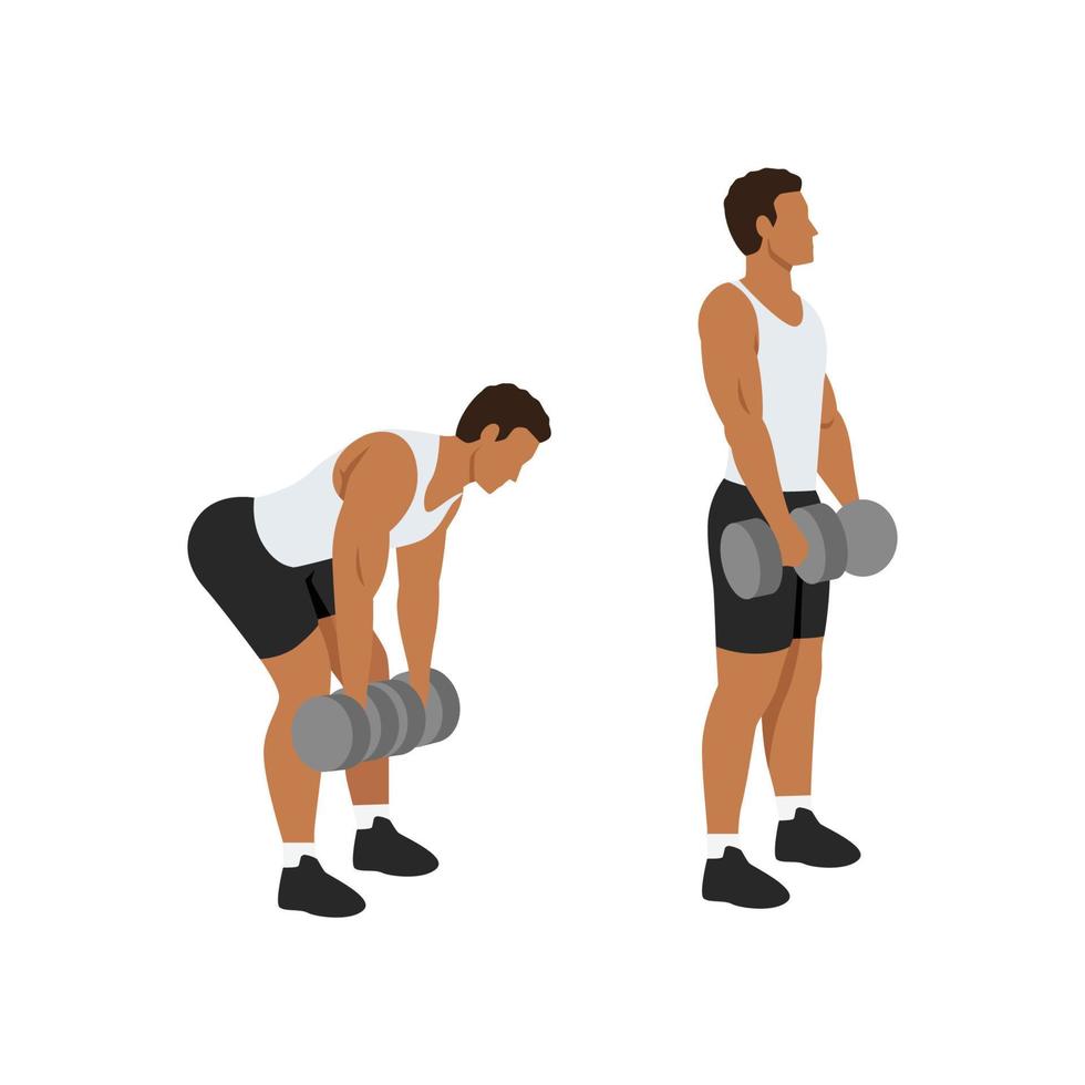 Man Doing Dumbbell Stiff Leg Deadlift Exercise Flat Vector Illustration Isolated On White