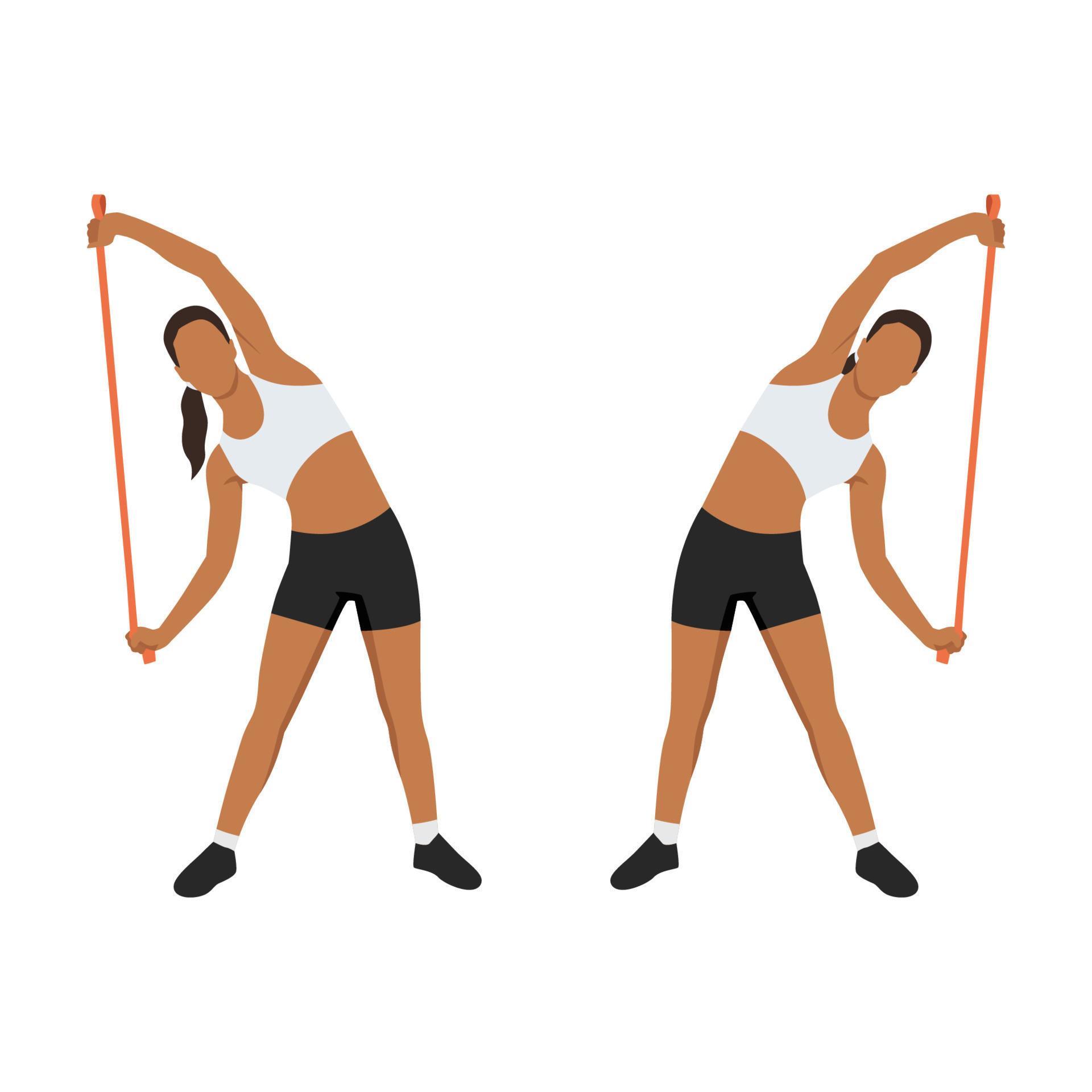 Woman doing side bends with long resistance band exercise. Flat vector ...