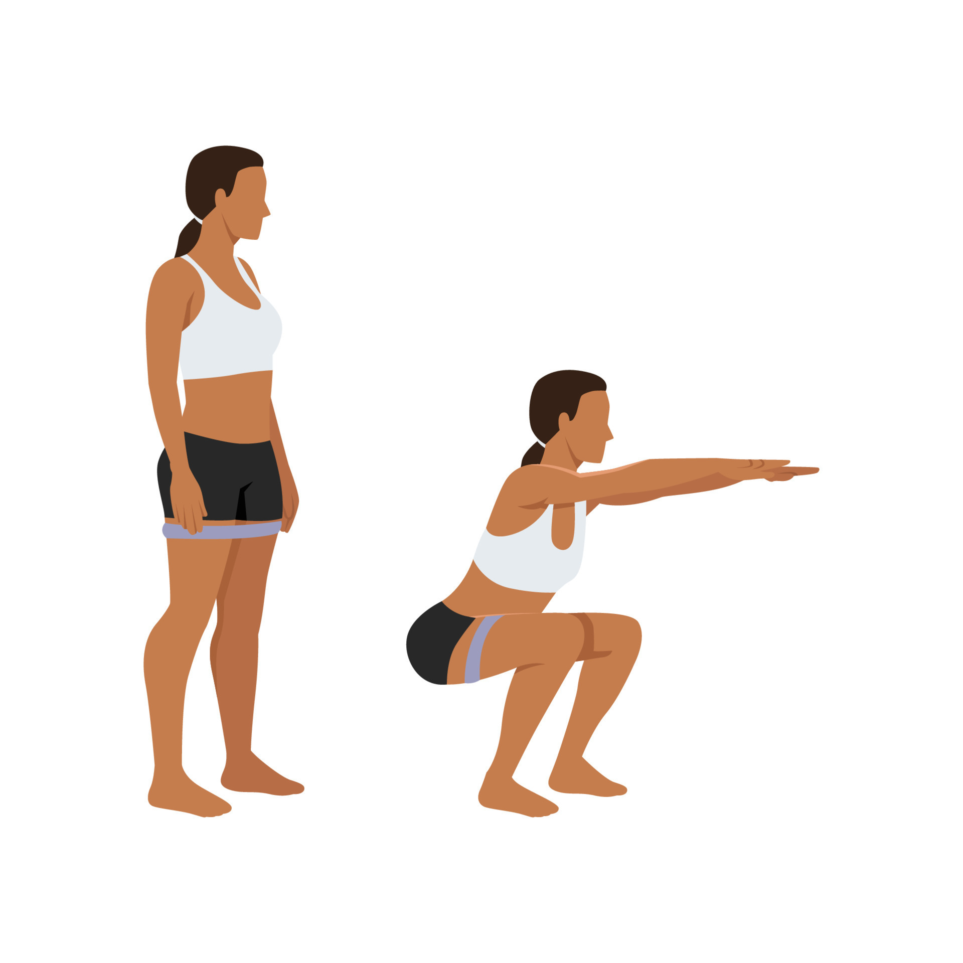 Mujer Haciendo Ejercicios De Sentadillas Con Aire De Mini Banda Ilustración Vectorial Plana
