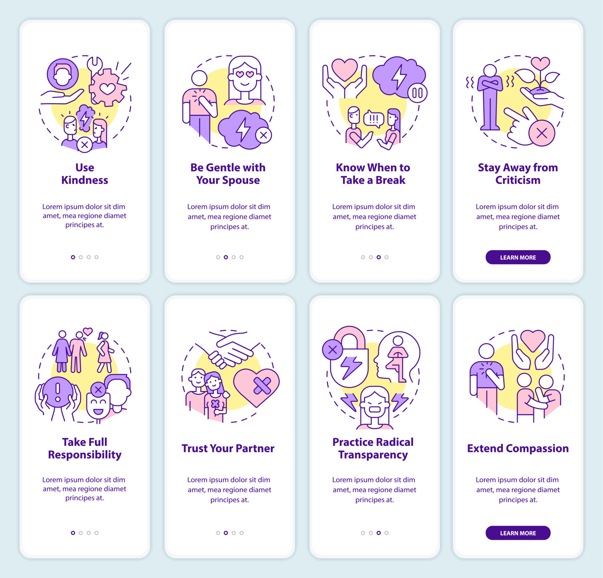 Fixing Relationship And Marriage Onboarding Mobile App Screen Set Walkthrough 4 Steps Editable
