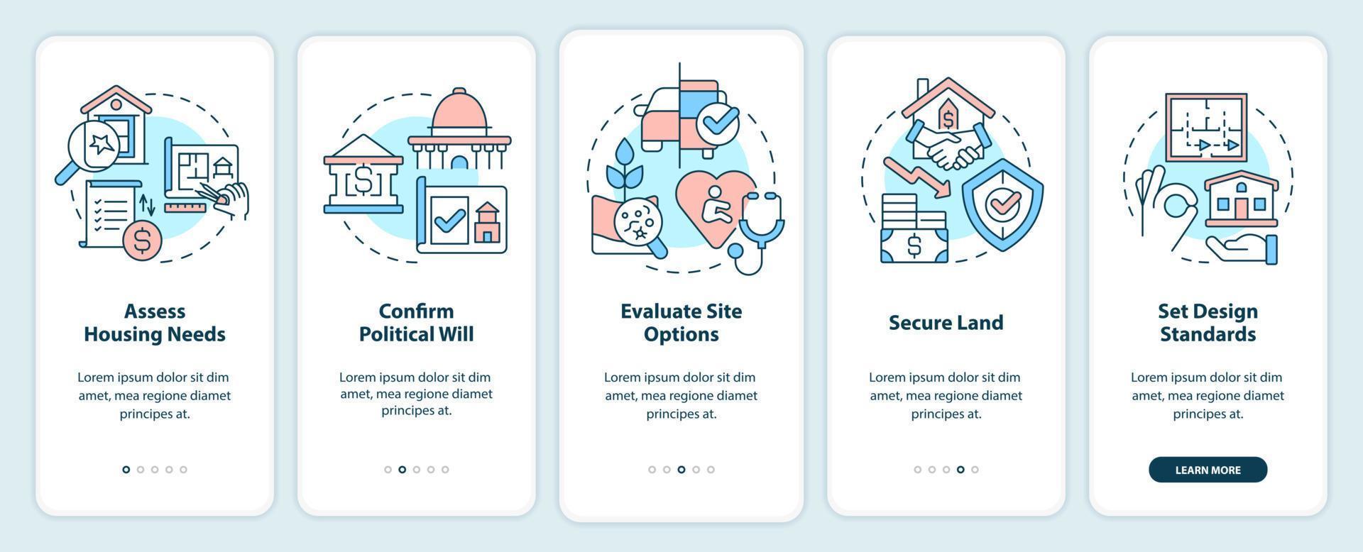 Housing Development Tips Onboarding Mobile App Screen Project Walkthrough 5 Steps Editable