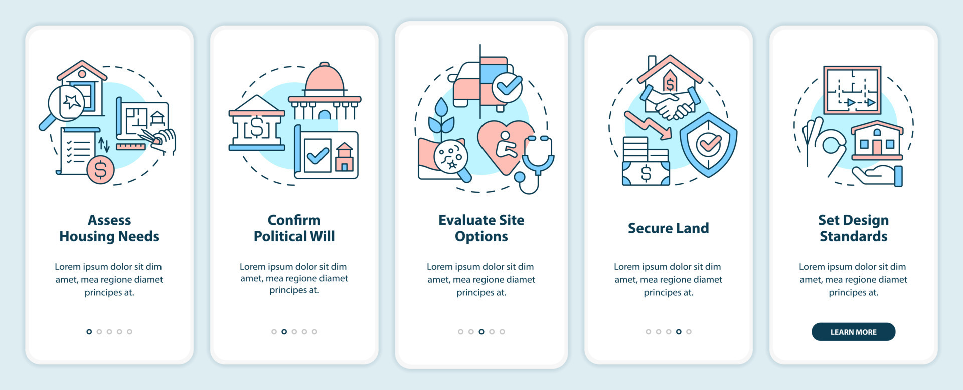 Housing Development Tips Onboarding Mobile App Screen Project Walkthrough 5 Steps Editable