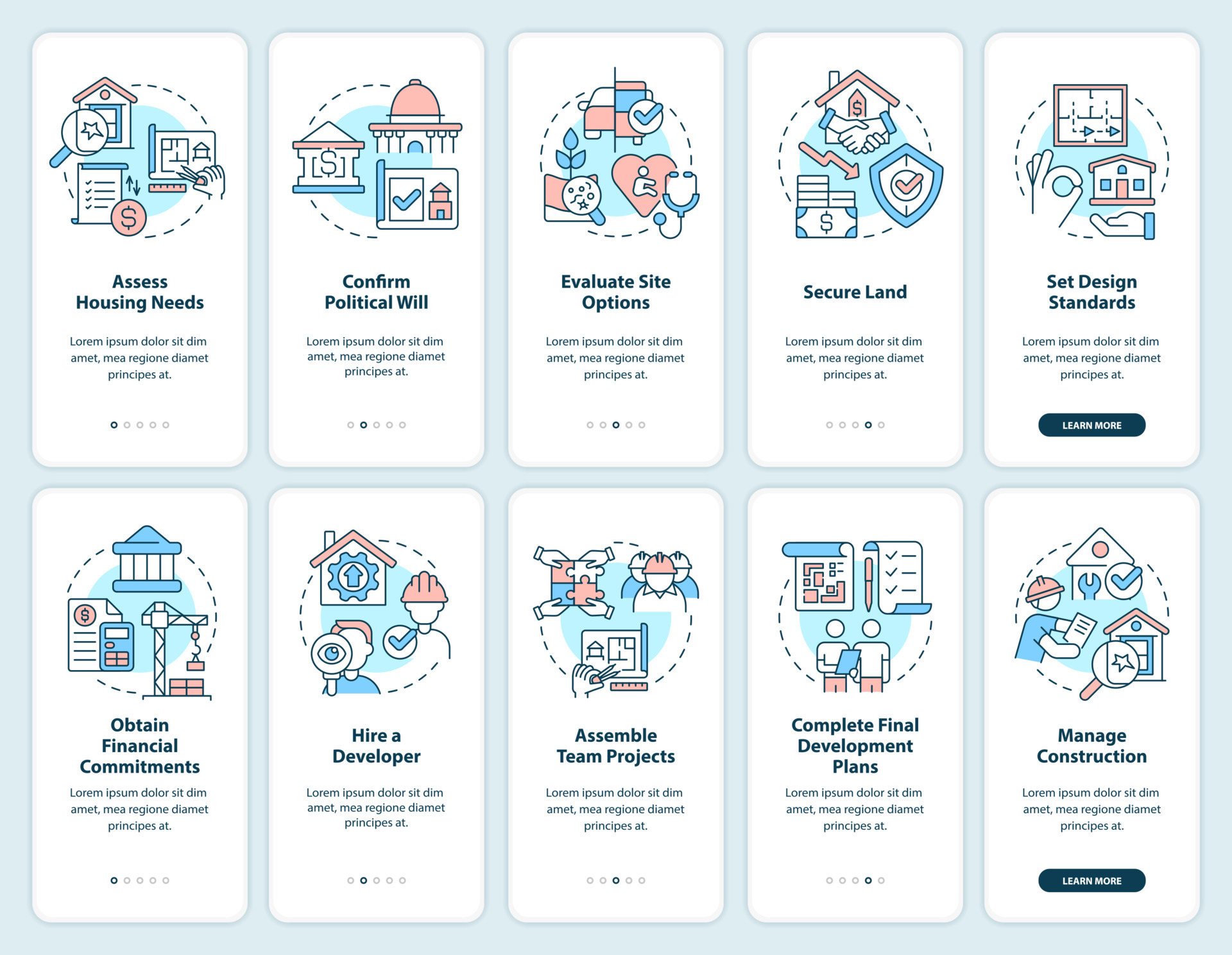 Tips For Housing Development Onboarding Mobile App Screen Set Walkthrough 5 Steps Editable