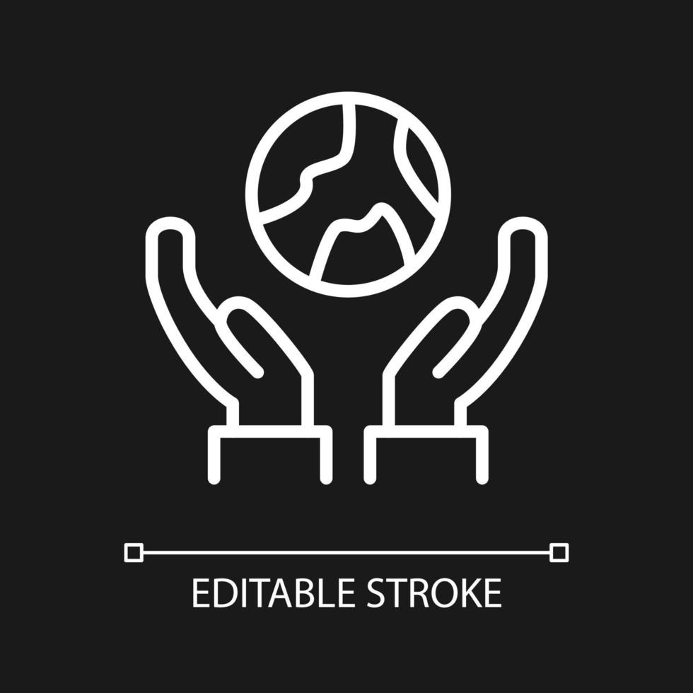 Hands Holding Earth White Linear Icon For Dark Theme Caring For Environment Eco Friendly