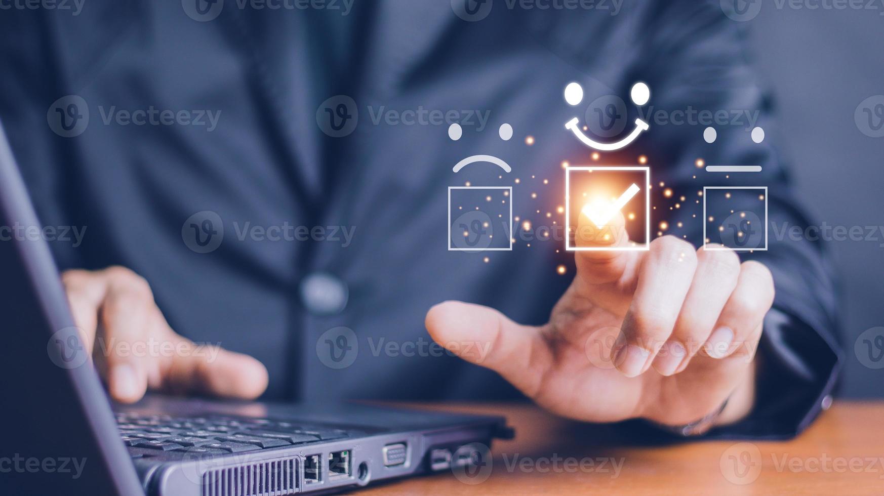 Customer service evaluation concept. Businessman pressing face smile ...