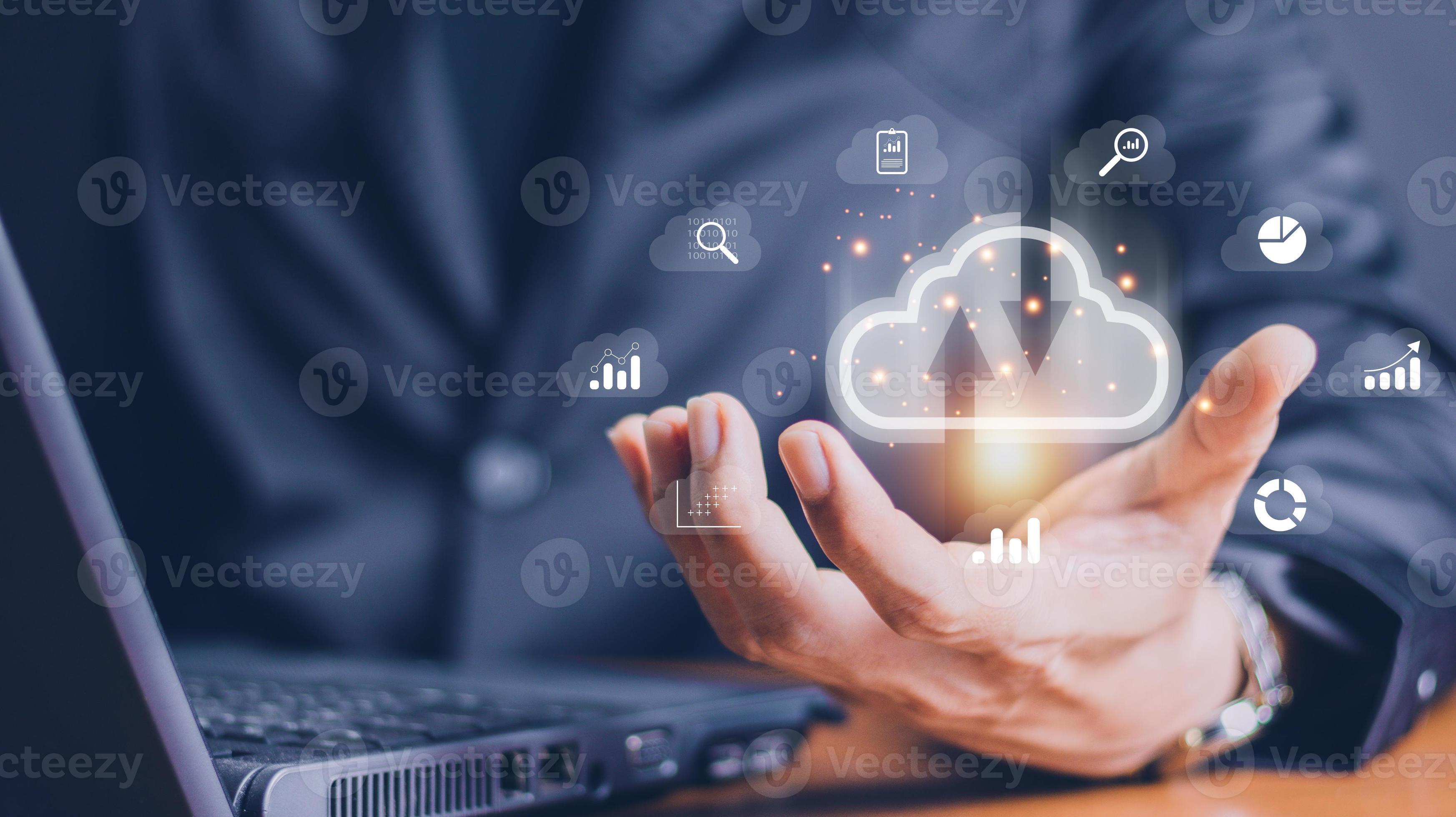 man use Laptop with cloud computing diagram show on hand. Cloud ...