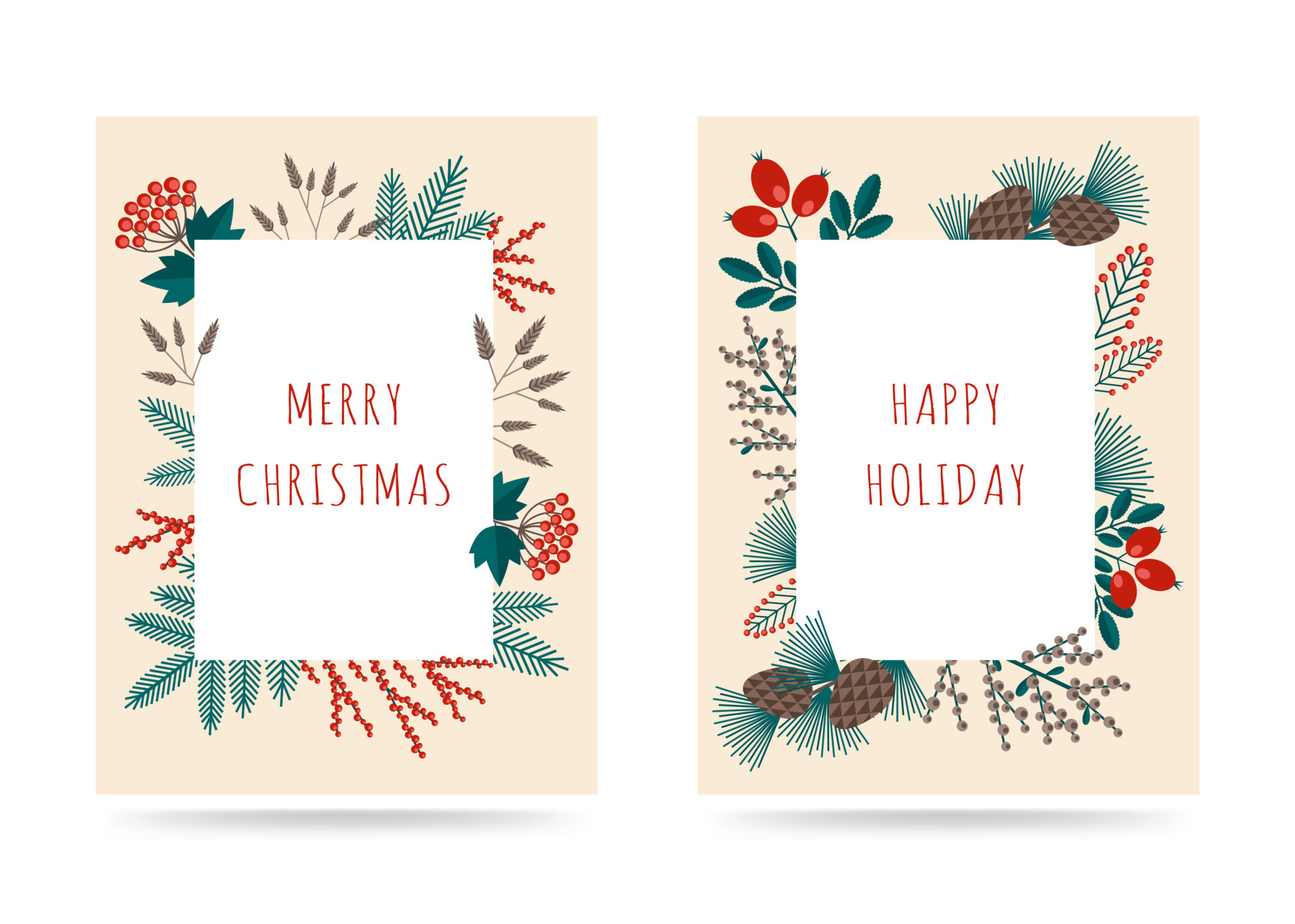 Merry Christmas Greeting Cards With Winter Plants Frame In The Retro