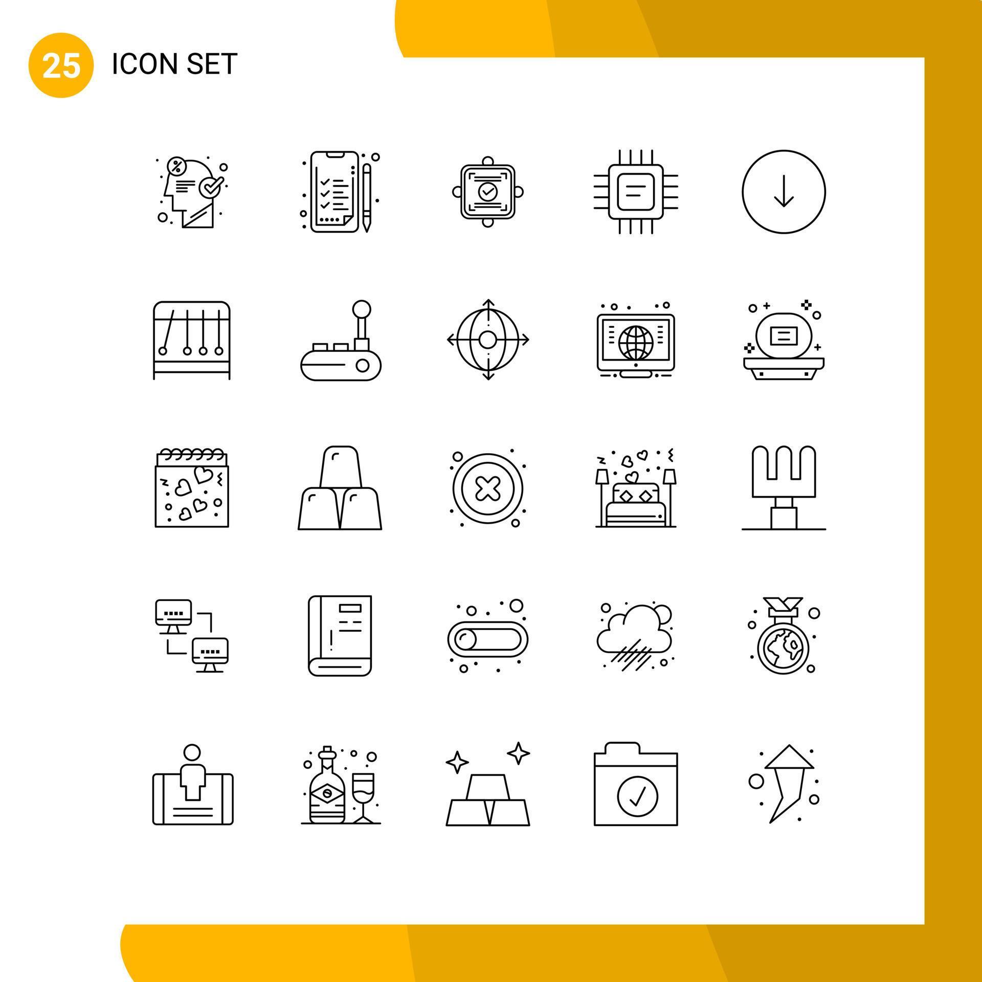 Set Of 25 Modern Ui Icons Symbols Signs For Down Processor Ok Devices Chip Editable Vector