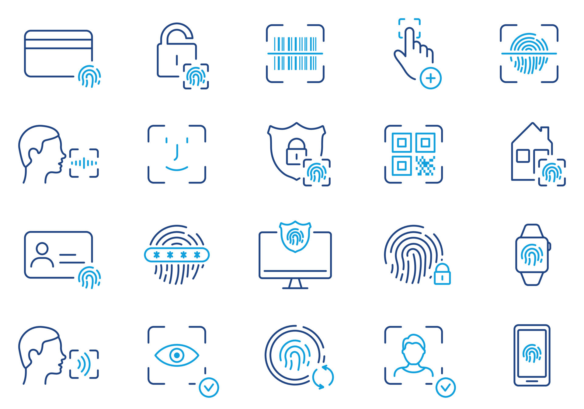 Biometric Identification Line Icon Set Face Id Touch Id Color Pictograms Fingerprint Facial