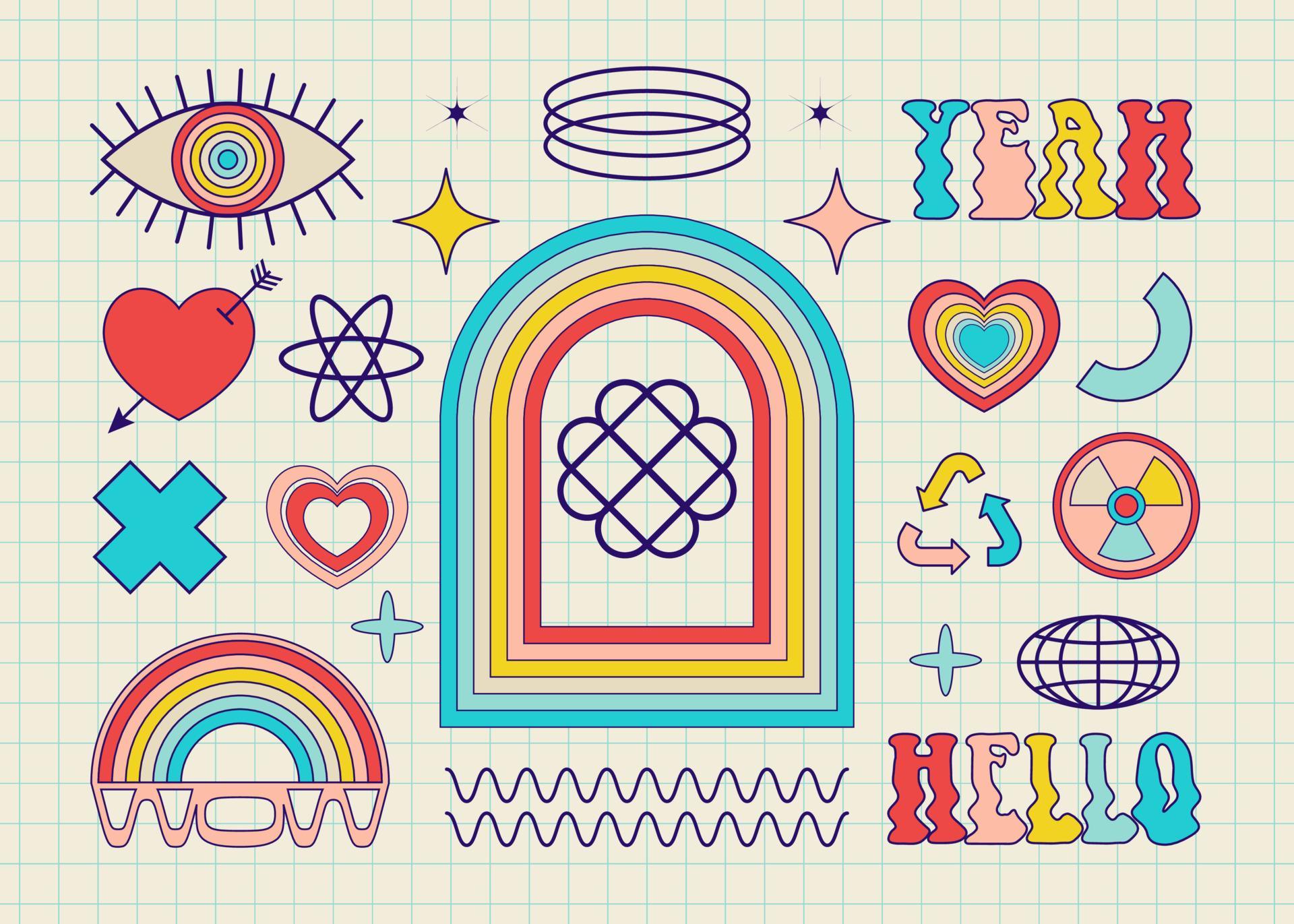 Retro y2k elements set. Collection of groovy psychedelic futuristic ... Retro y2k elements set. Collection of groovy psychedelic futuristic ...