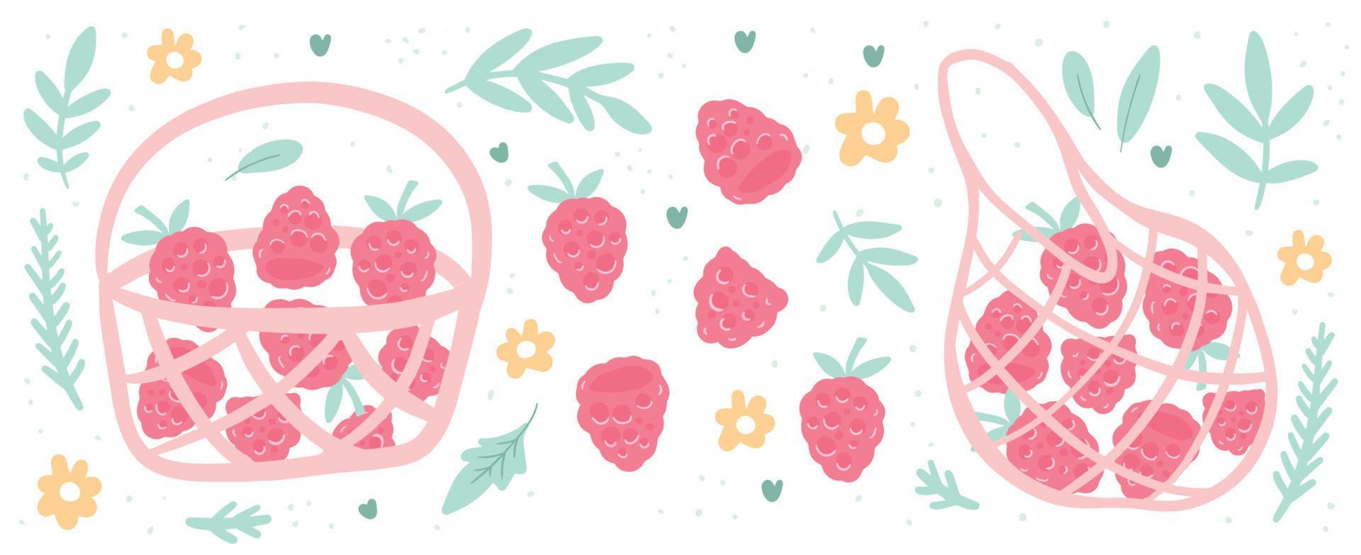 Abstract modern set of Raspberries in basket. Vector hand drawn berries ...