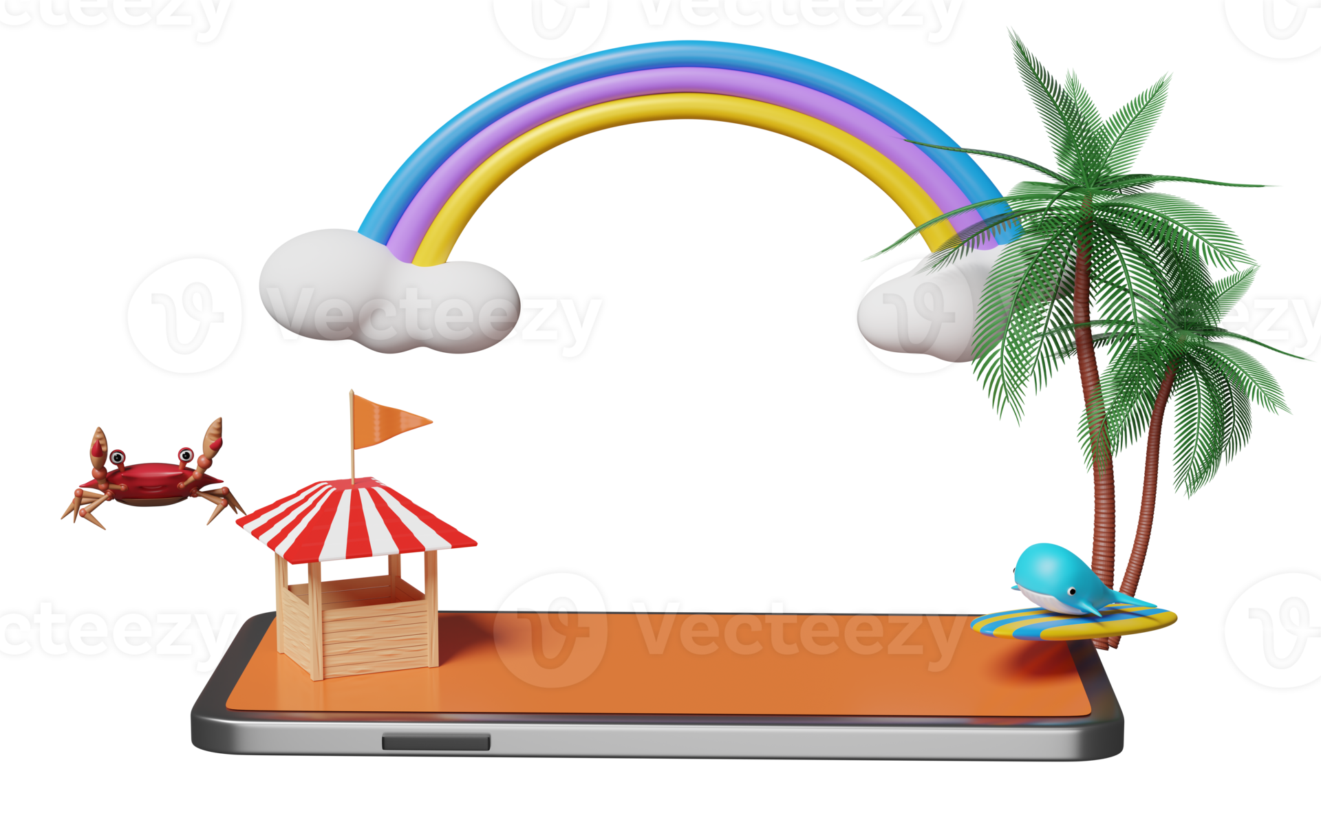 Building Shop Store Front With Mobile Phone Smartphone Palm Tree Whale Crab Rainbow Cloud