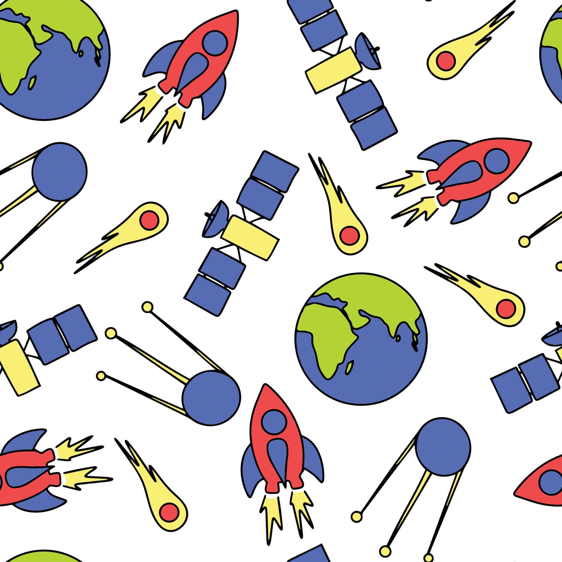 Seamless space pattern with Earth rocket and satellite. Vector ...
